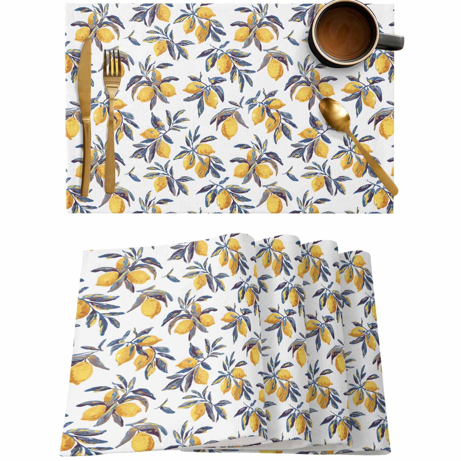 Summer Lemon Retro Leaves Seamless Placemats Set of 4,Wipeable Washable Table Mats for Dining ...