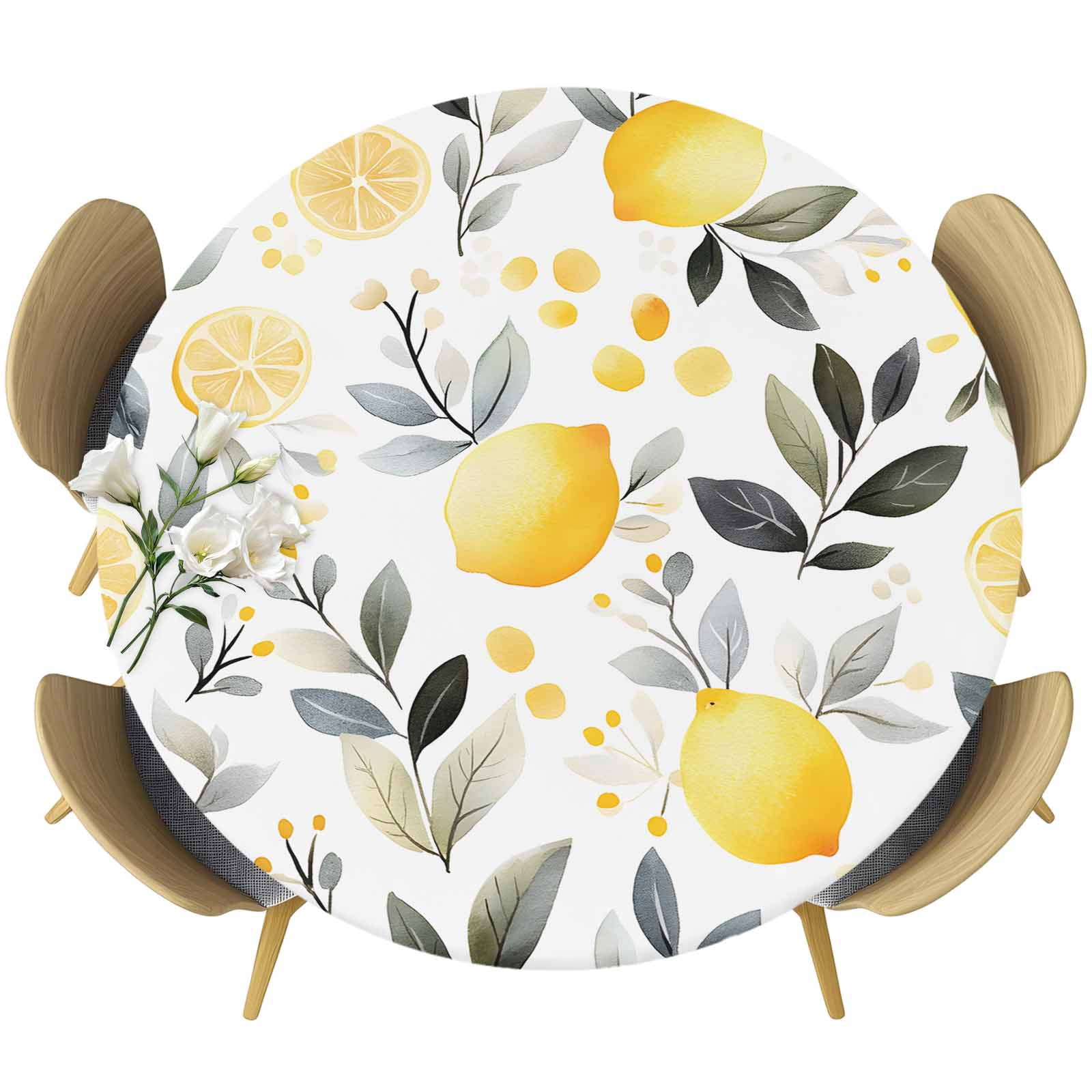 Summer Lemon Round Tablecloth 45-54 Inch Round Fitted Table Cloth with ...