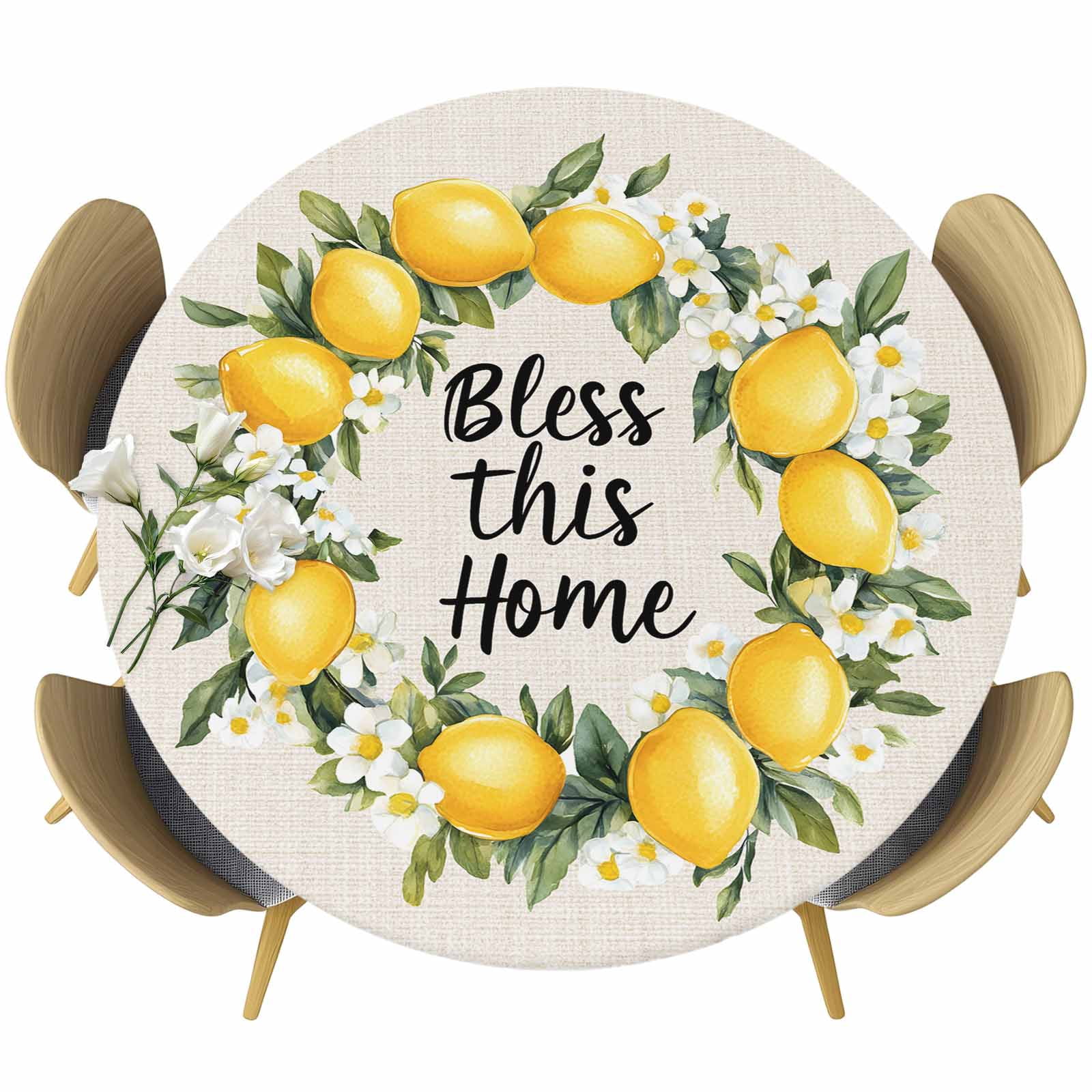 Summer Lemon Round Tablecloth 55-60 Inch Round Fitted Table Cloth with ...