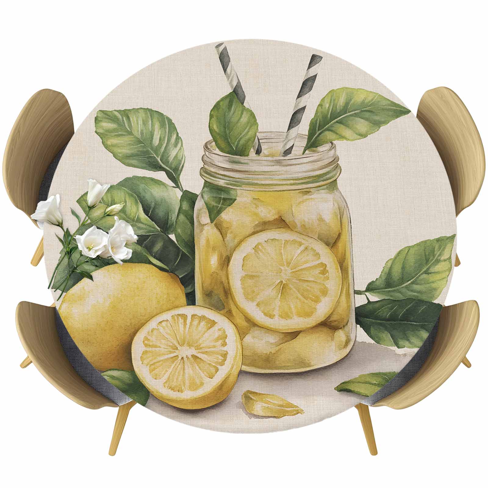 Summer Lemon Round Tablecloth 55-60 Inch Round Fitted Table Cloth with ...