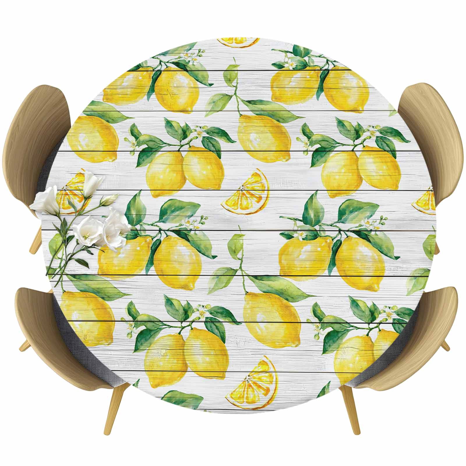 Summer Lemon Round Tablecloth, Fitted Table Cover with Elastic for 36 ...