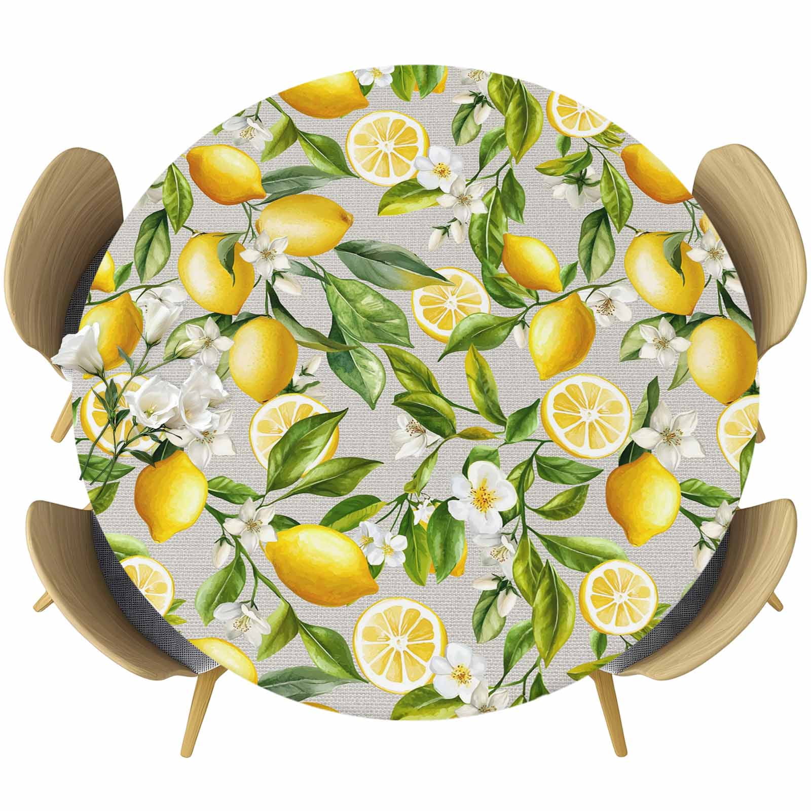 Summer Lemon Round Tablecloth, Fitted Table Cover with Elastic for 36 ...
