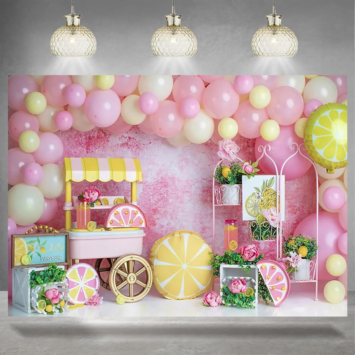 Summer Lemon Shop Photography Background Lemonade Pink Balloons Girl ...