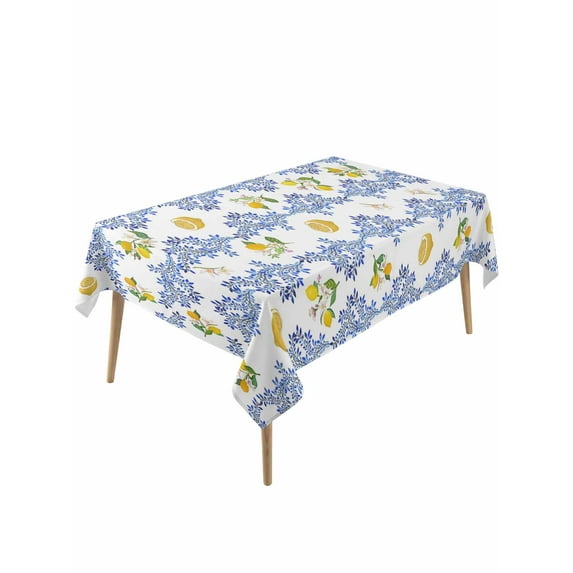Summer Lemon Table Cloth, Navy Blue Spring Floral Botanical Waterproof ...