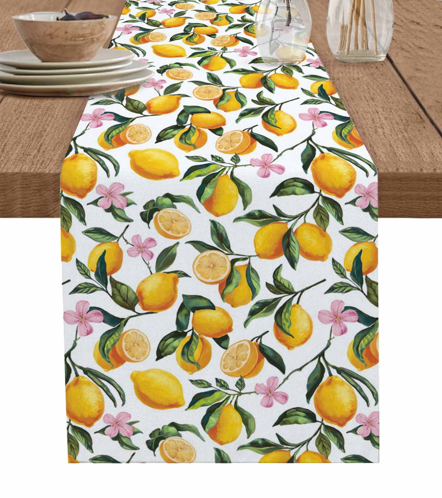 Summer Lemon Table Runner 108 Inches, Farmhouse Botanical Fruit Flowers ...