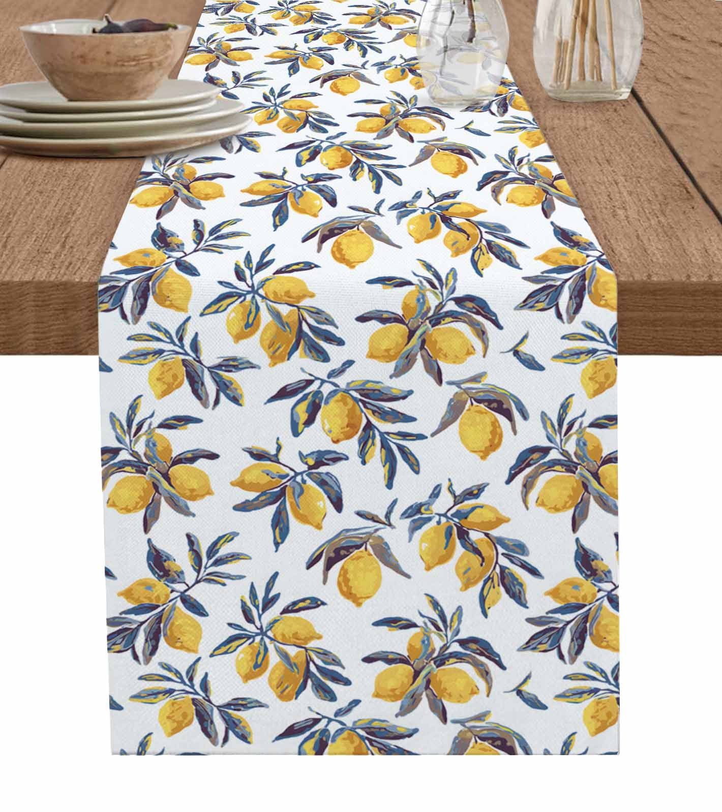 Summer Lemon Table Runner 108 Inches, Vintage Botanical Leaves Bed ...