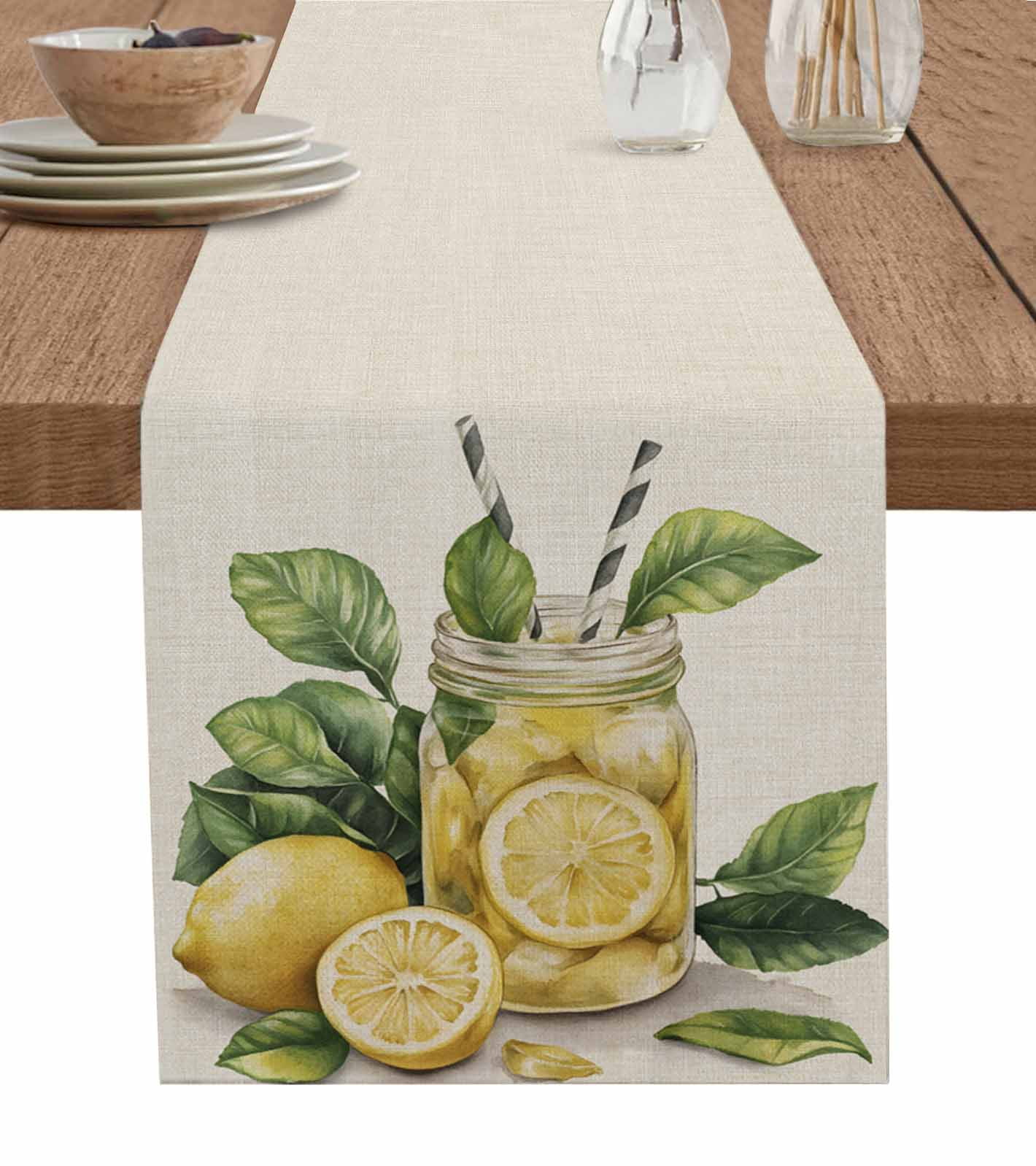 Summer Lemon Table Runner 48 Inches, Yellow Fruits Green Leaf Vase Vintage Bed Runner Dresser ...