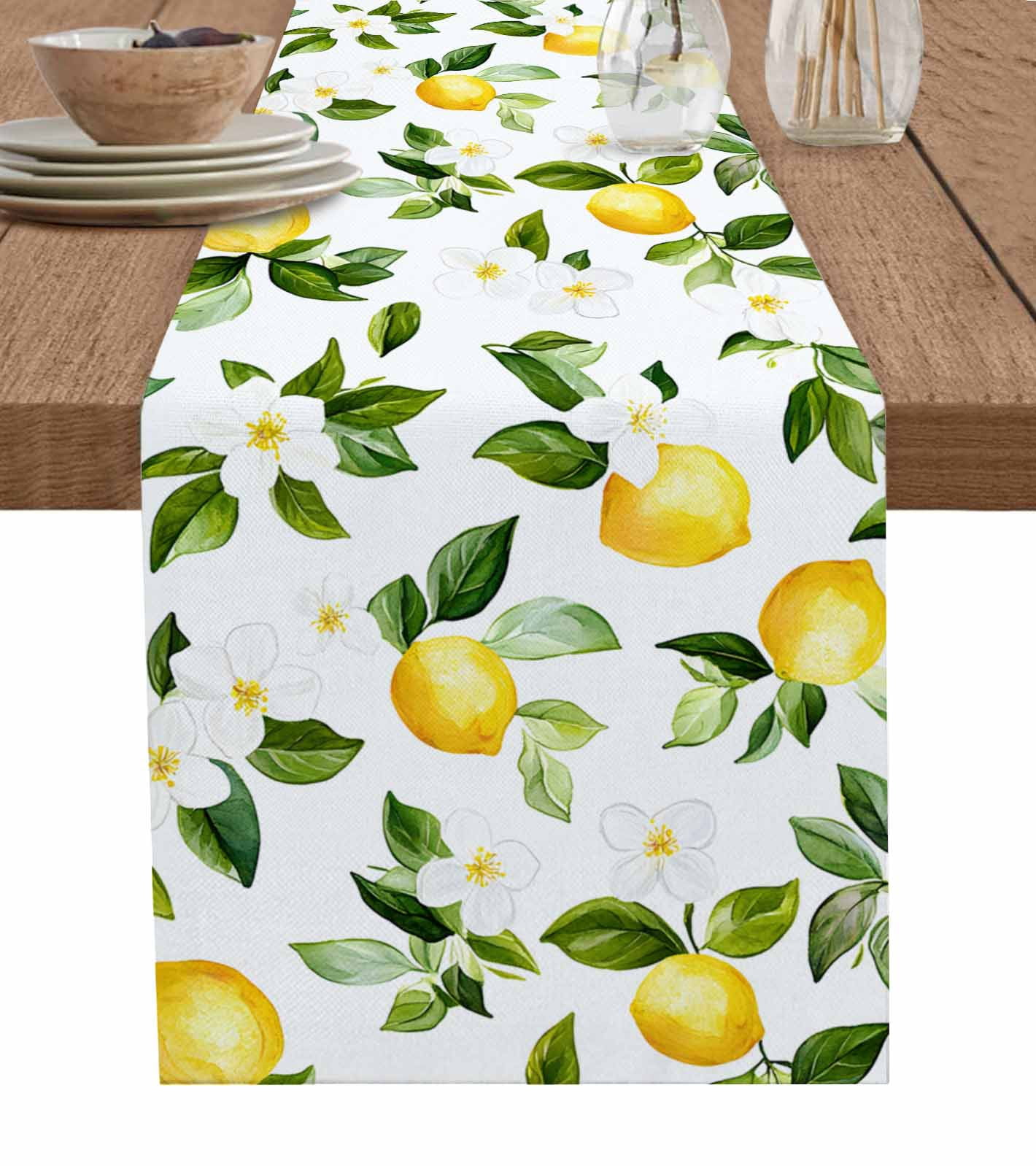 Summer Lemon Table Runner 70 Inches, Botanical Leaves Pastoral ...