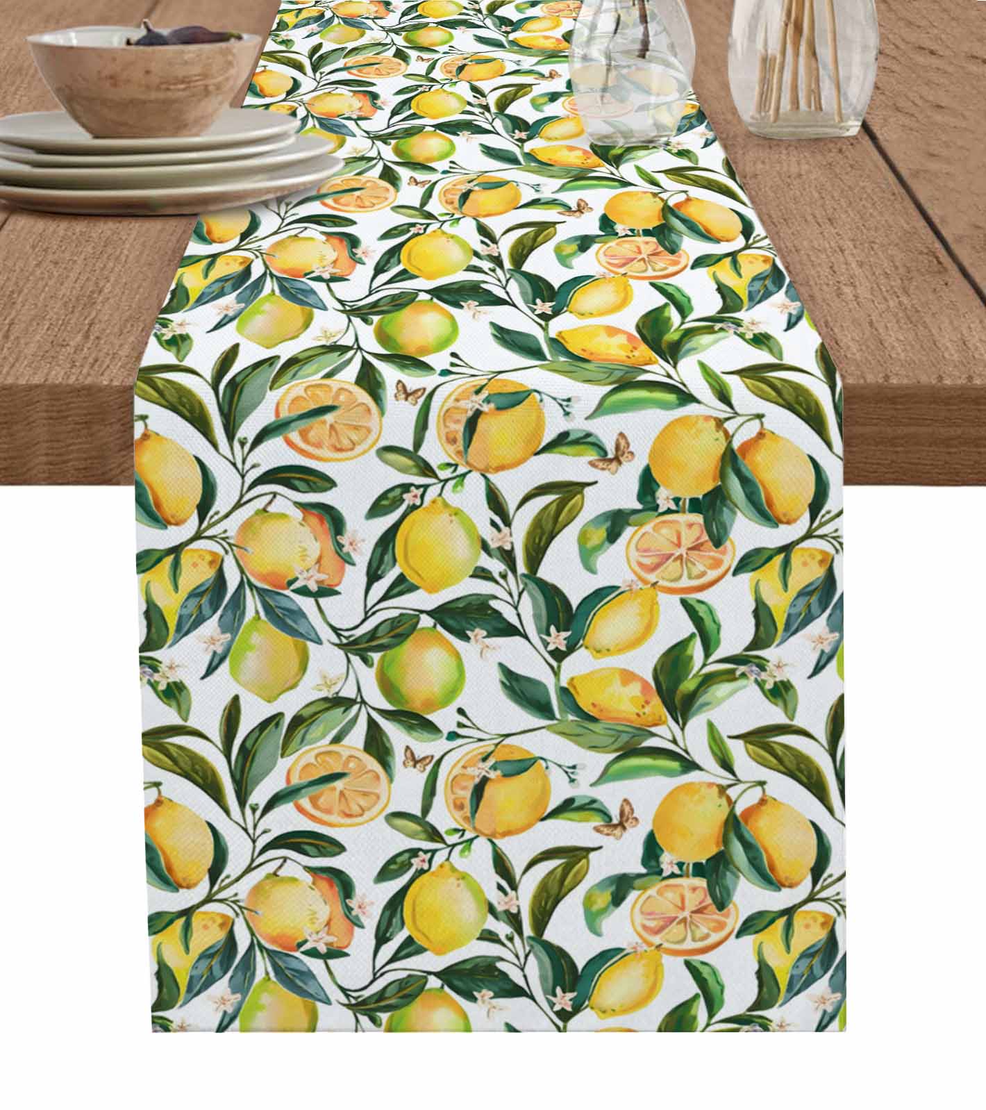Summer Lemon Table Runner 70 Inches, Farmhouse Tropical Botanical Fruit ...