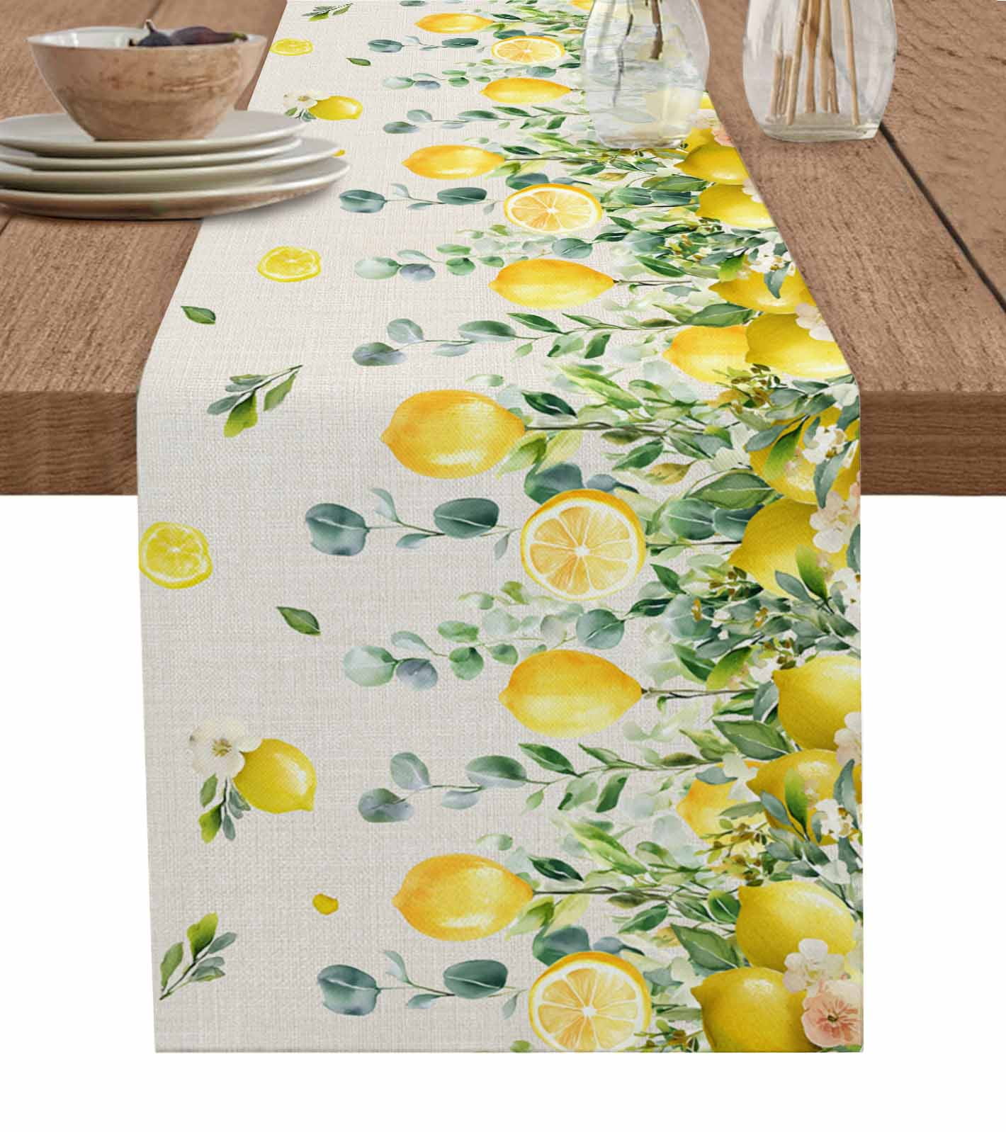 Summer Lemon Table Runner 72 Inches, Eucalyptus Flower Leaf Retro ...