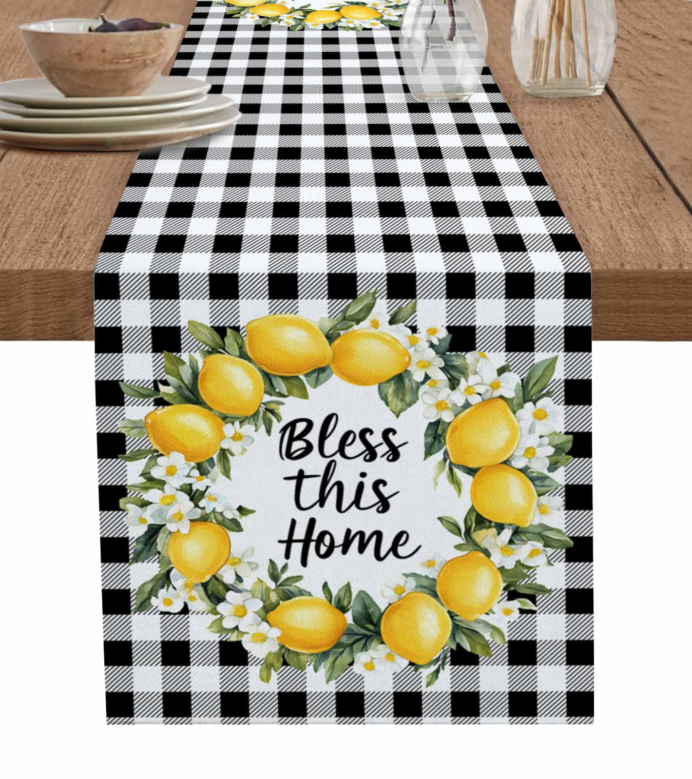 Summer Lemon Table Runner 72 Inches, Farmhouse Country Black White ...