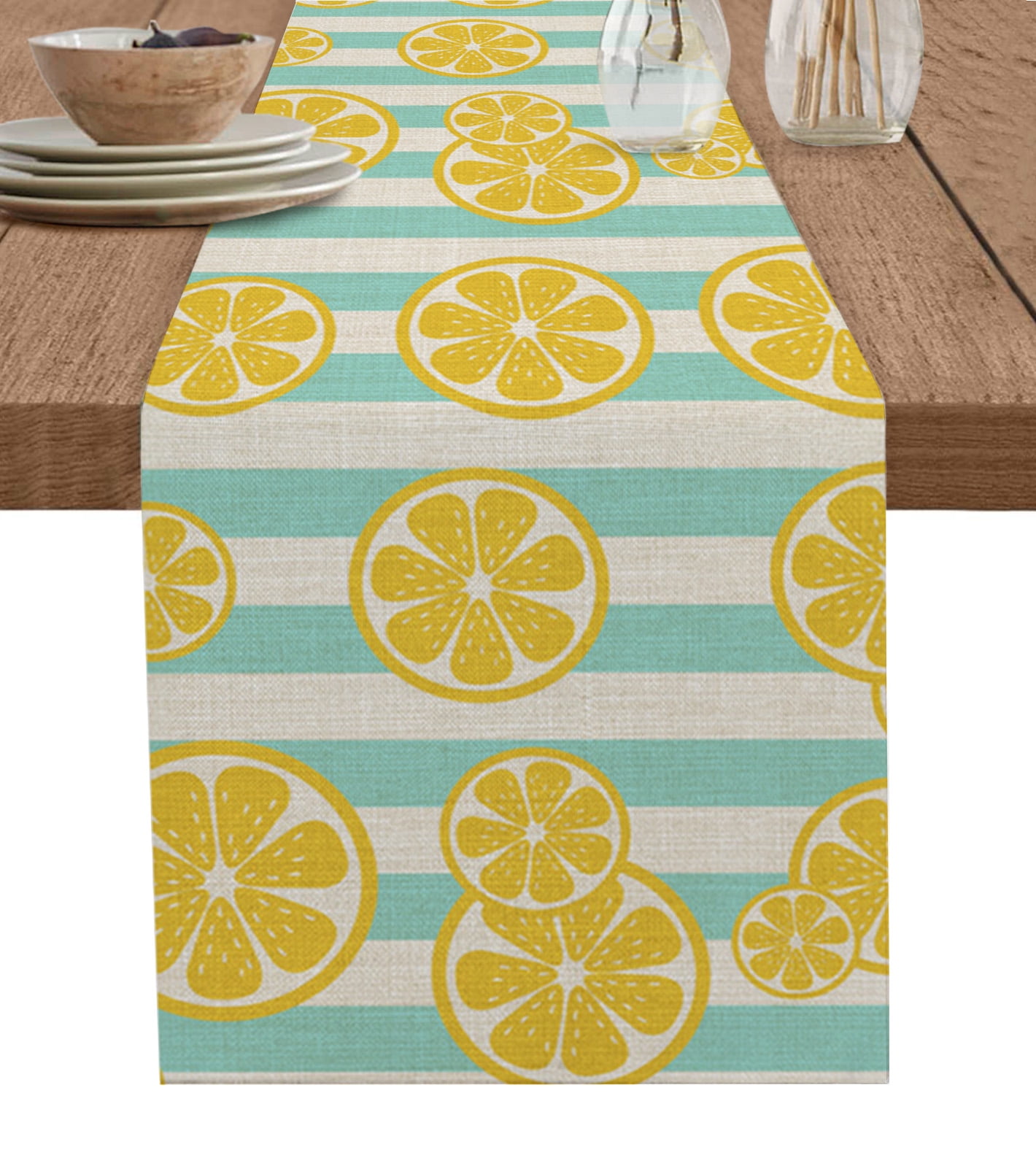 Summer Lemon Table Runner 72 Inches, Farmhouse Green Stripes Yellow ...