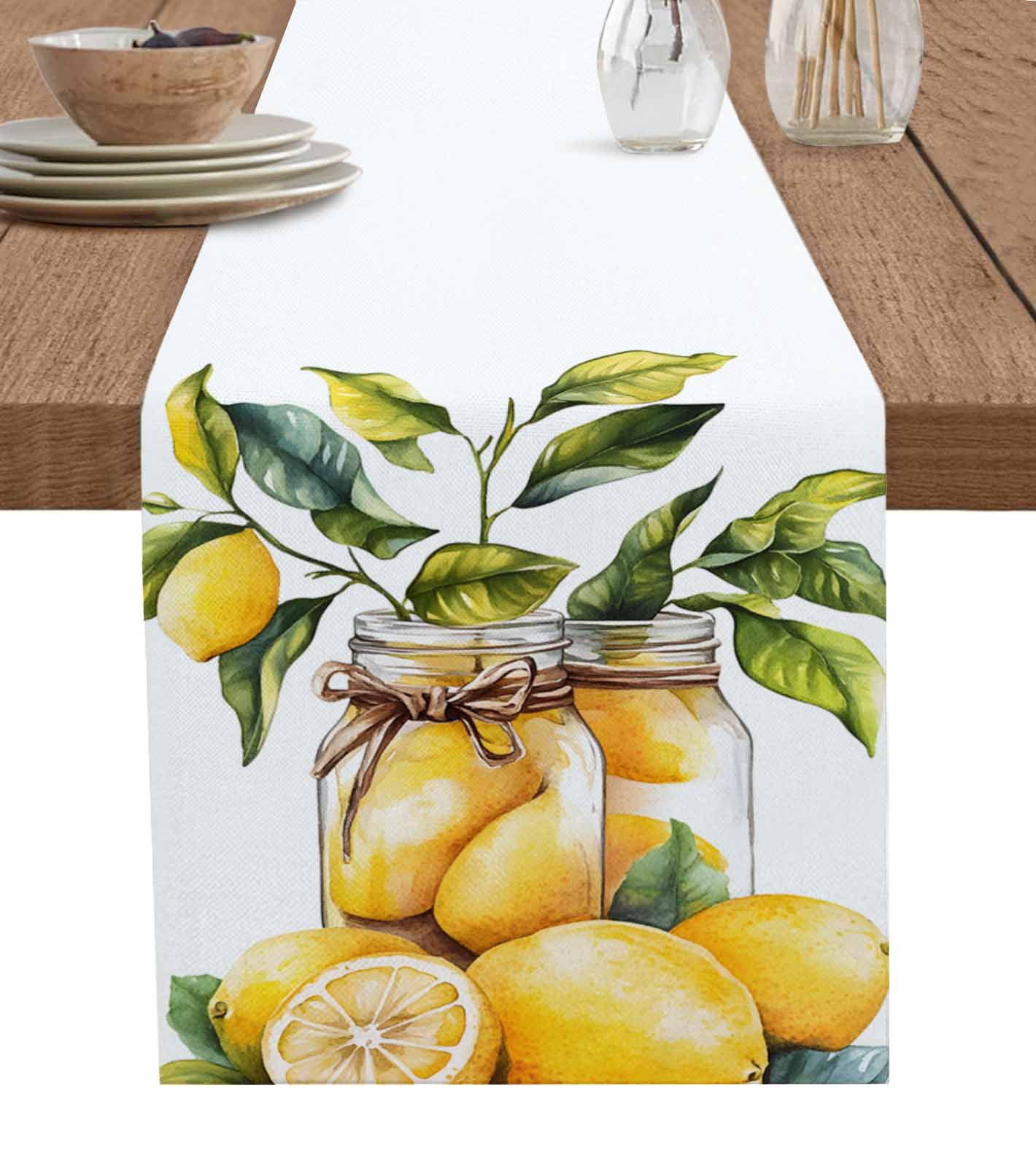 Summer Lemon Table Runner 72 Inches, Modern Watercolor Green Leaf Vase ...