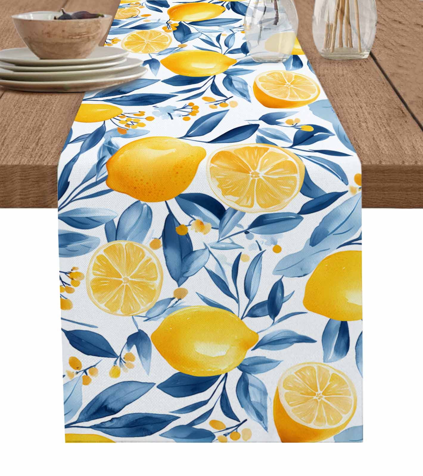 Summer Lemon Table Runner 72 Inches, Spring Pastoral Watercolor Fruit ...