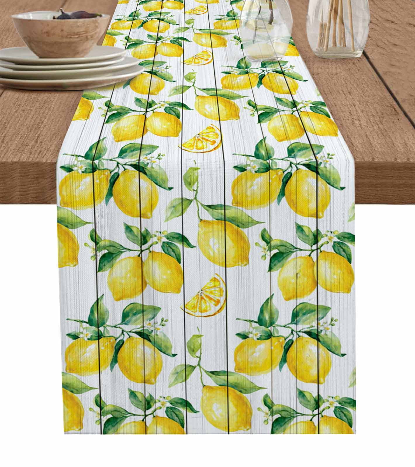 Summer Lemon Table Runner 72 Inches, Yellow Fruit Farm Vintage White ...