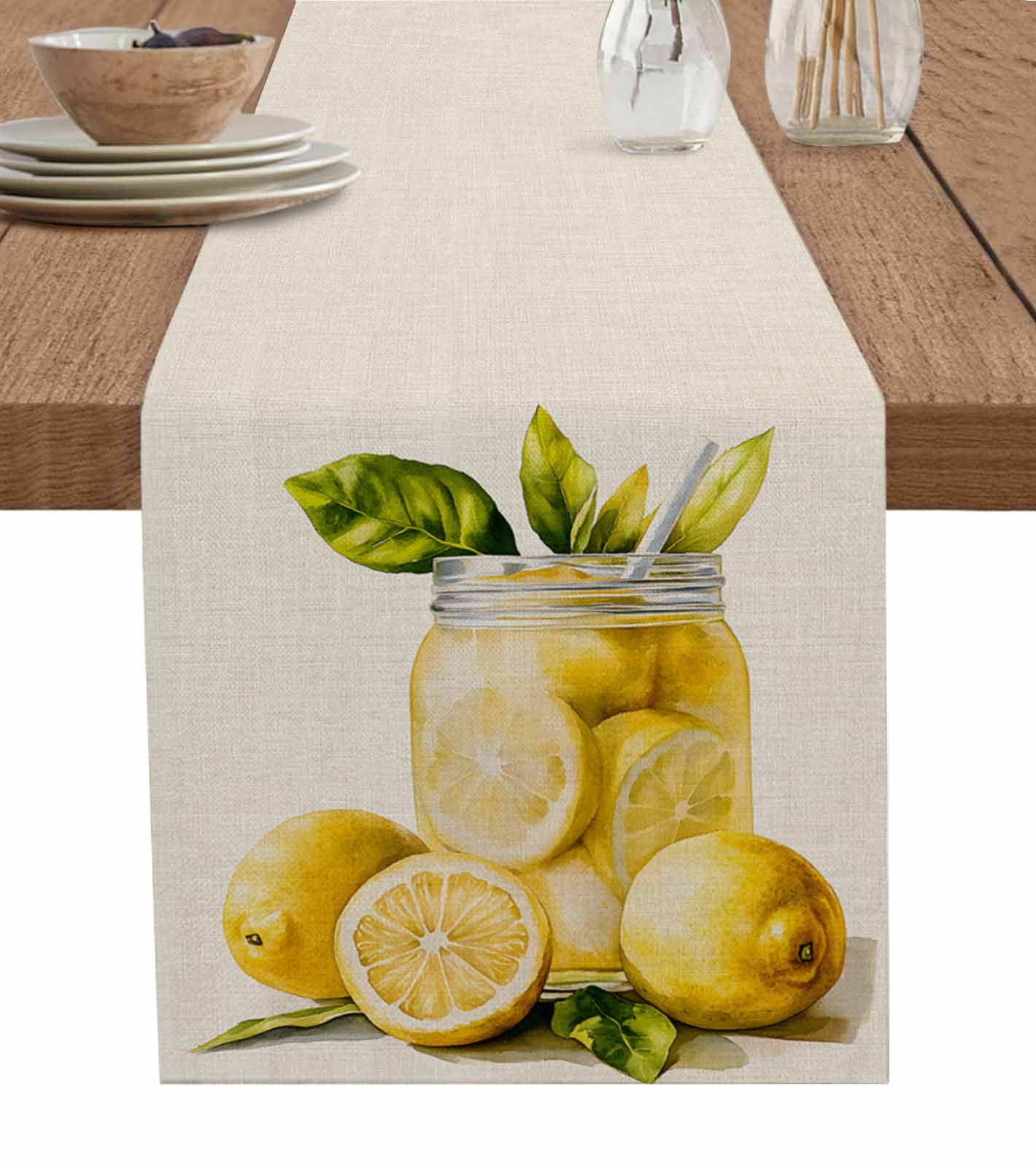Summer Lemon Table Runner 72 Inches, Yellow Fruits Green Leaf Vase Rustic Bed Runner Dresser ...