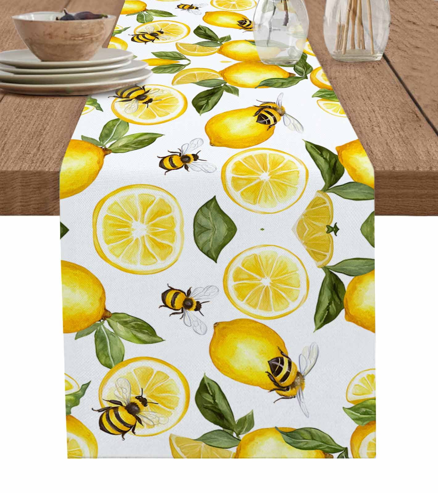 Summer Lemon Table Runner 90 Inches, Bee Green Botanical Yellow Fruits ...
