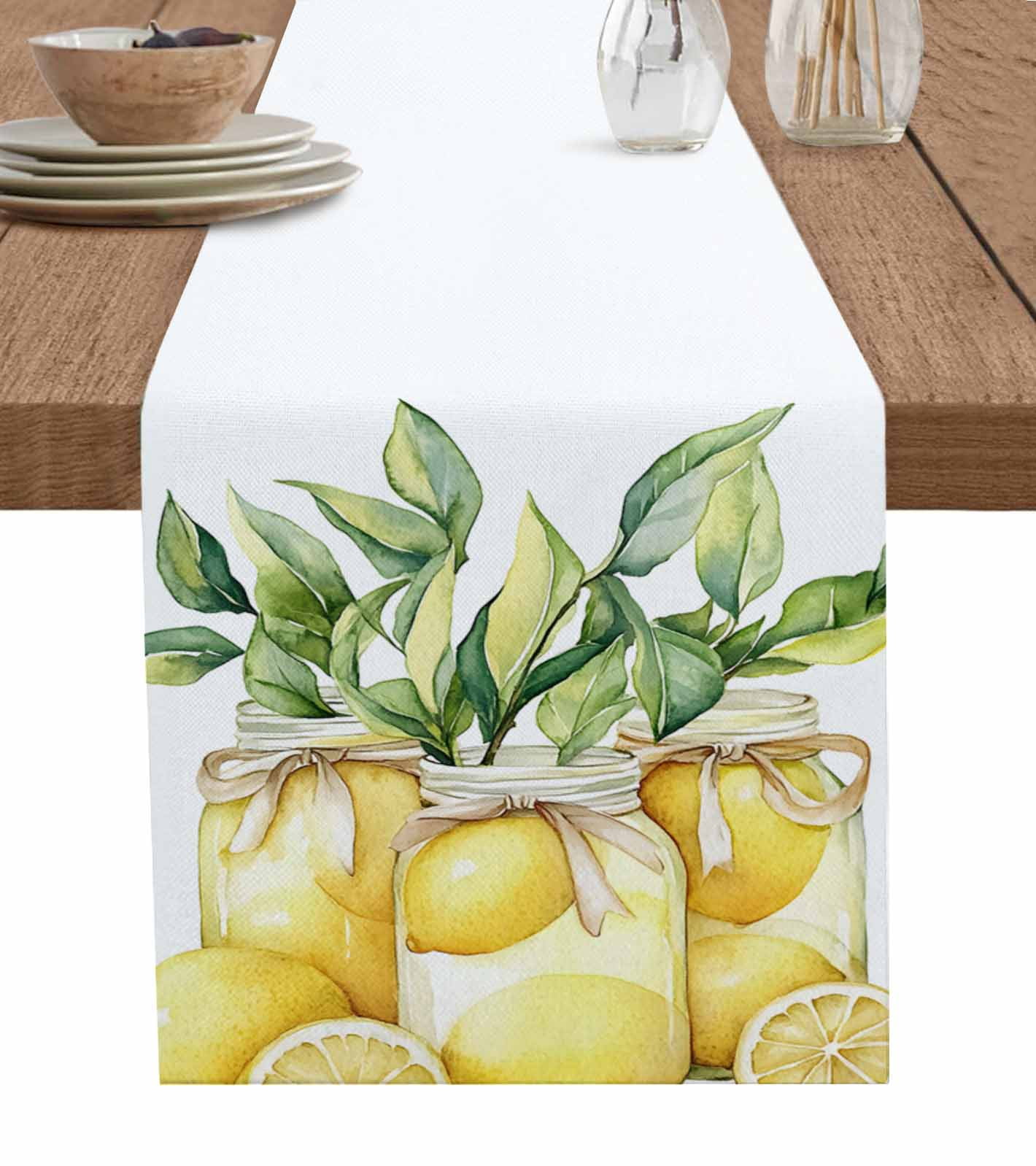 Summer Lemon Table Runner 90 Inches, Watercolor Fruits Green Leaf Vase ...
