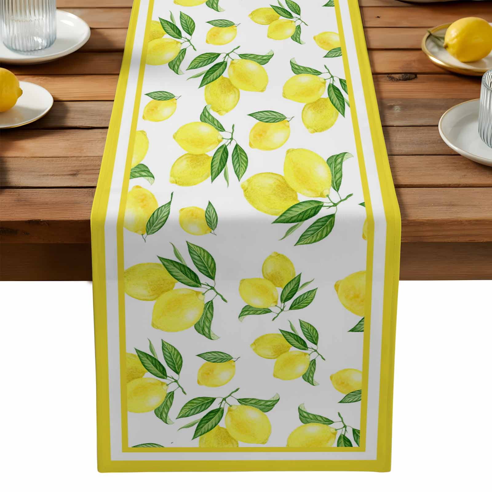 Summer Lemon Table Runner, Fruit Farmhouse Leaf Yellow Edge Washable ...