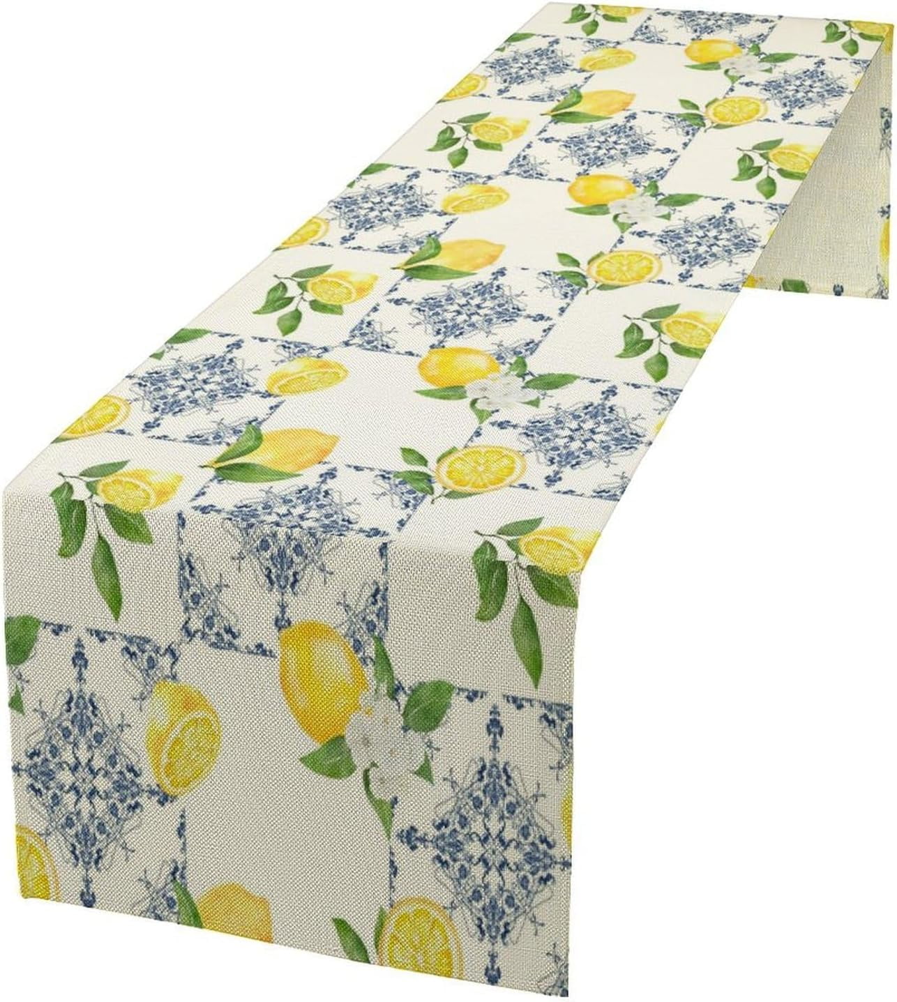 Summer Lemon Table Runner, Italian Navy Blue Tile Burlap Watercolor ...