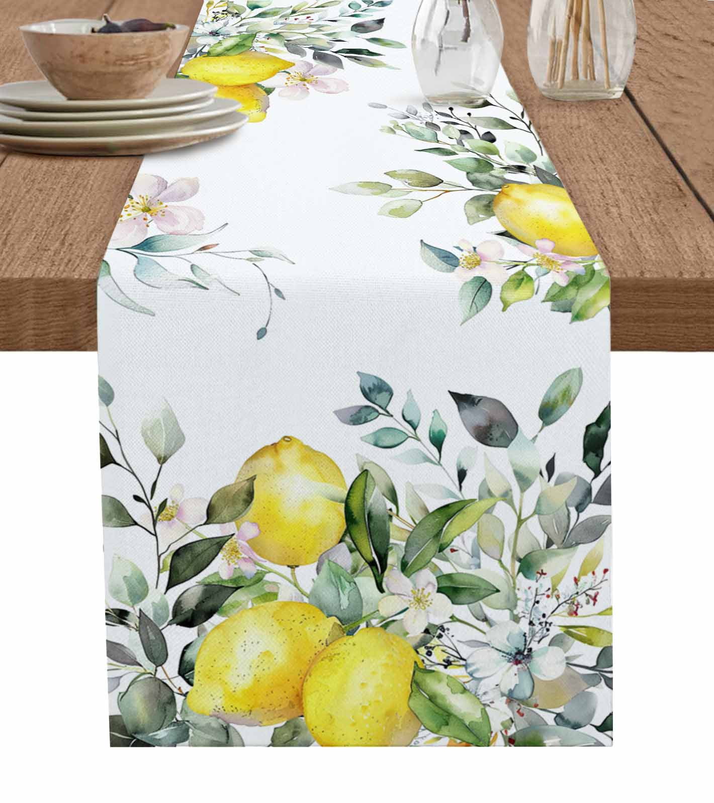 Summer Lemon Table Runner Spring Floral Eucalyptus Leaves Botanical ...