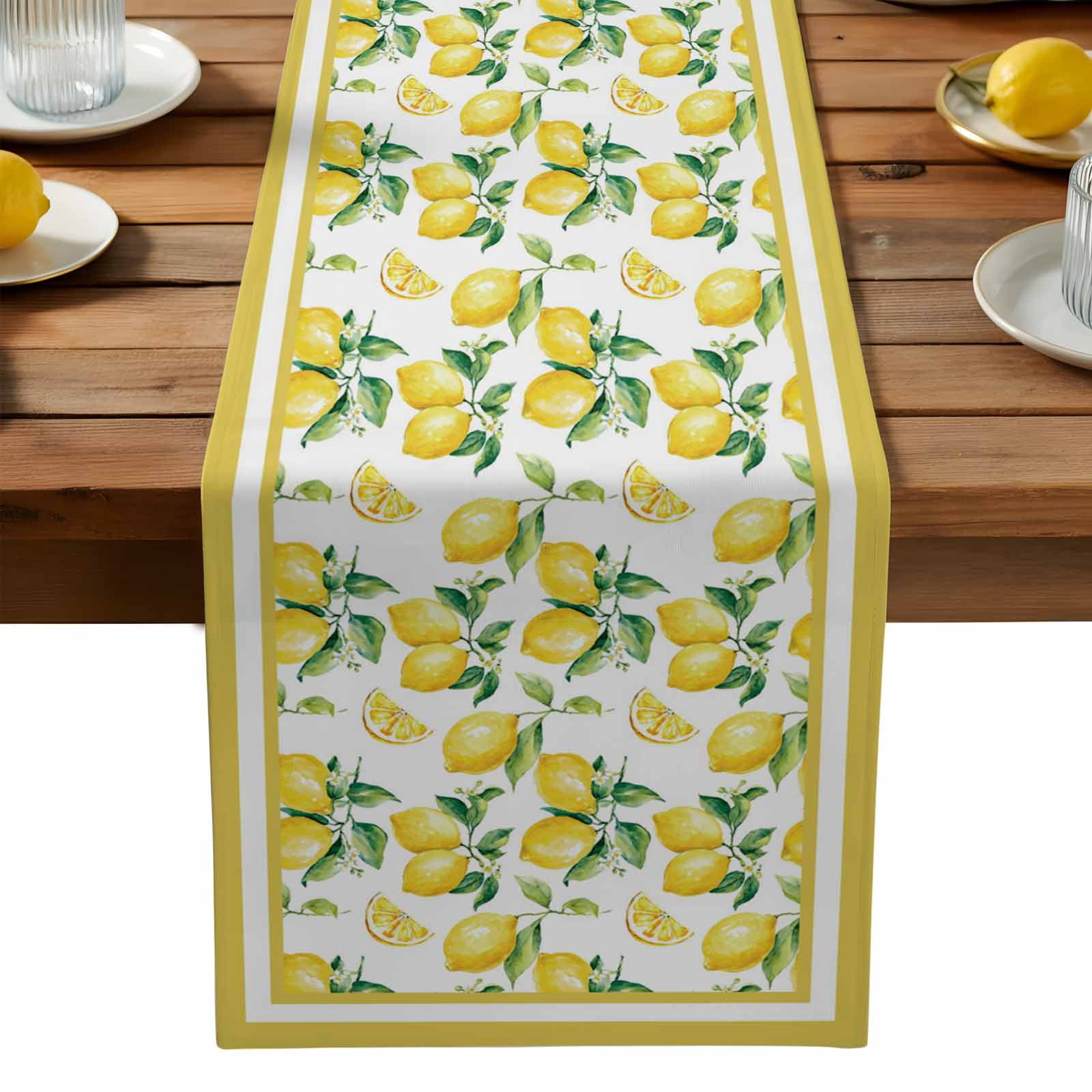 Summer Lemon Table Runner, Watercolor Fruit Leaf Yellow Edge Washable ...