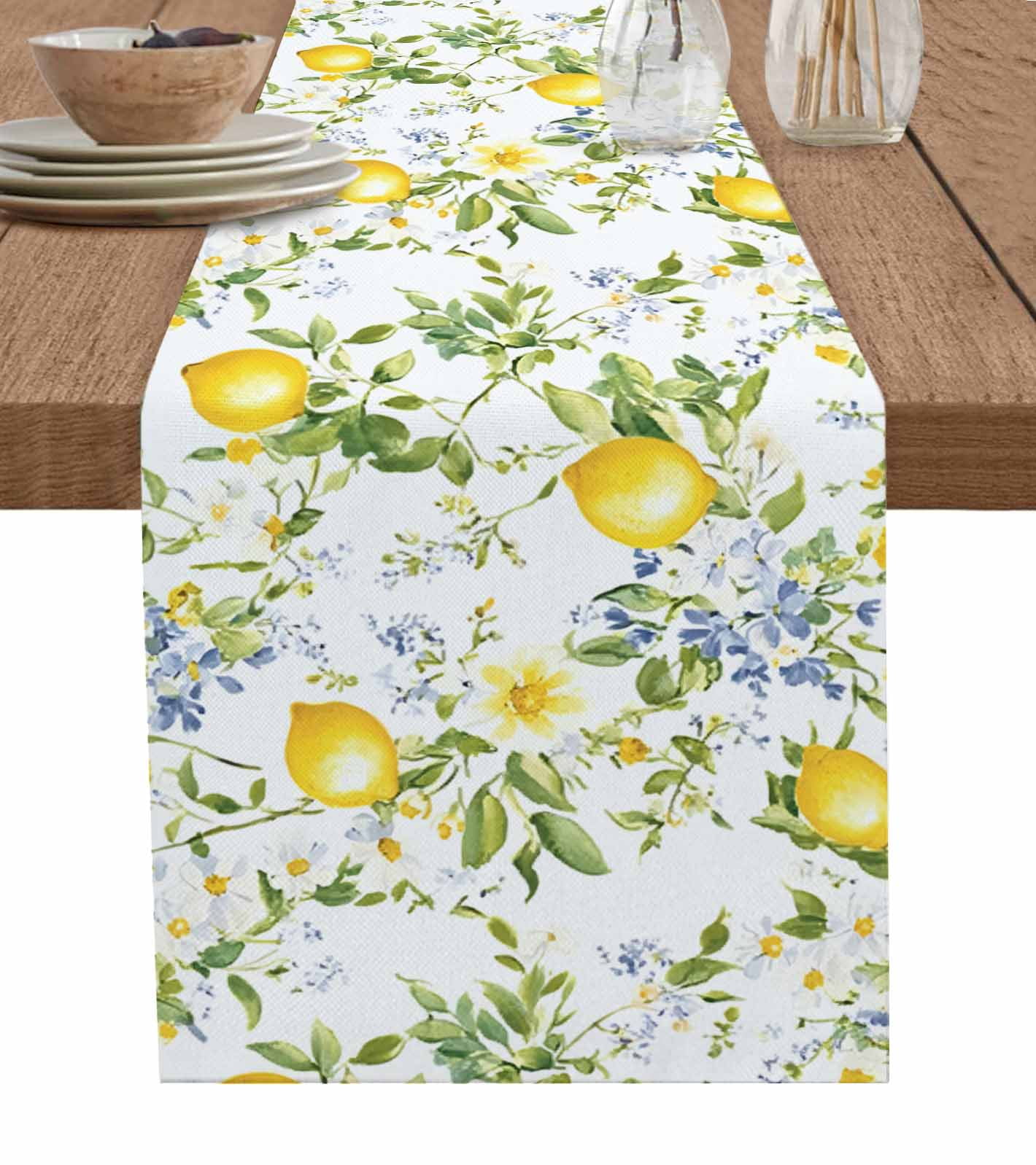 Summer Lemon Table Runner Watercolor Yellow Spring Floral Botanical Tablerunners 13 x 108 Inch ...