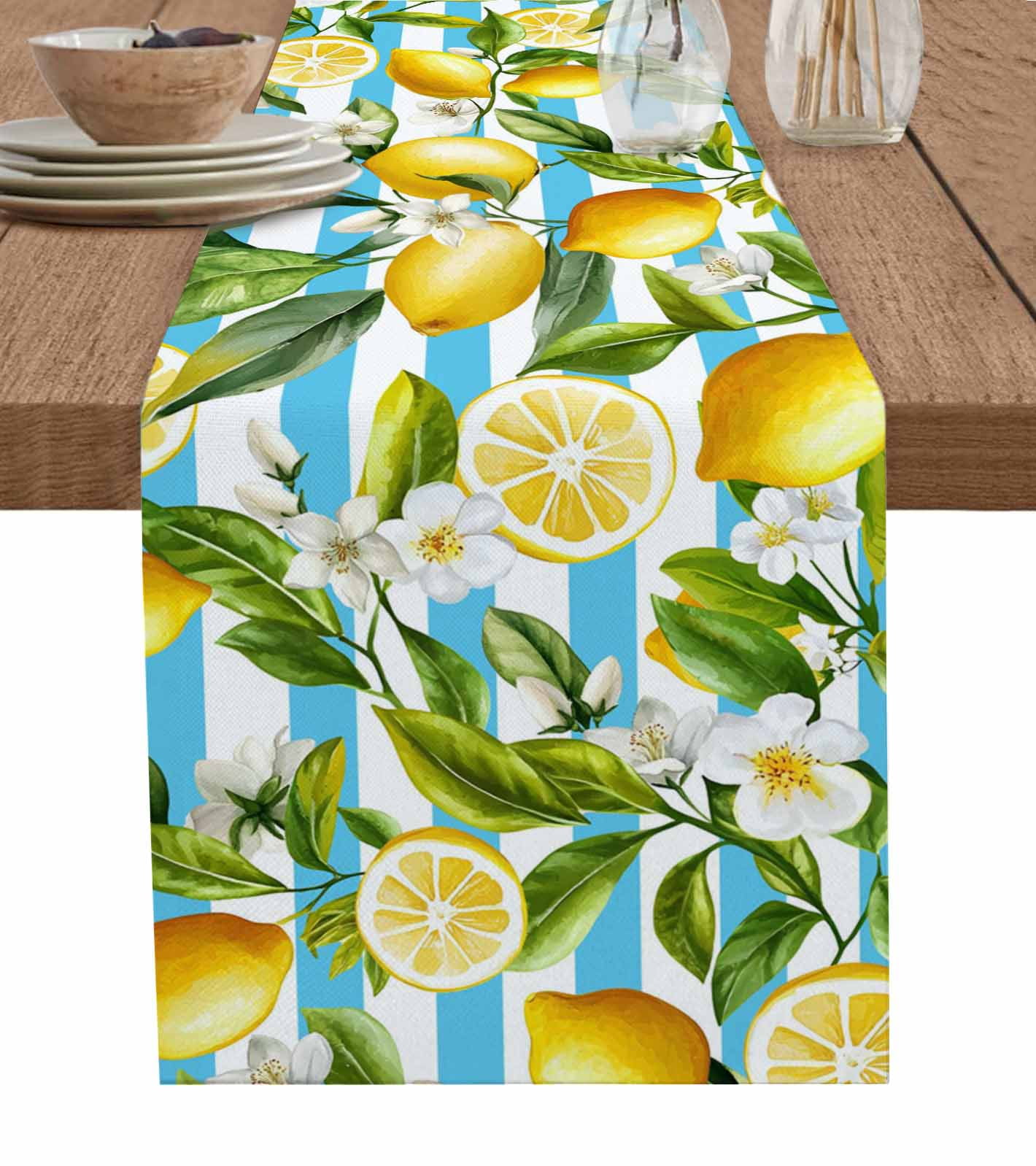 Summer Lemon Table Runner Yellow Green Watercolor Botanical Aqua Striped Tablerunners 13 x 60 ...
