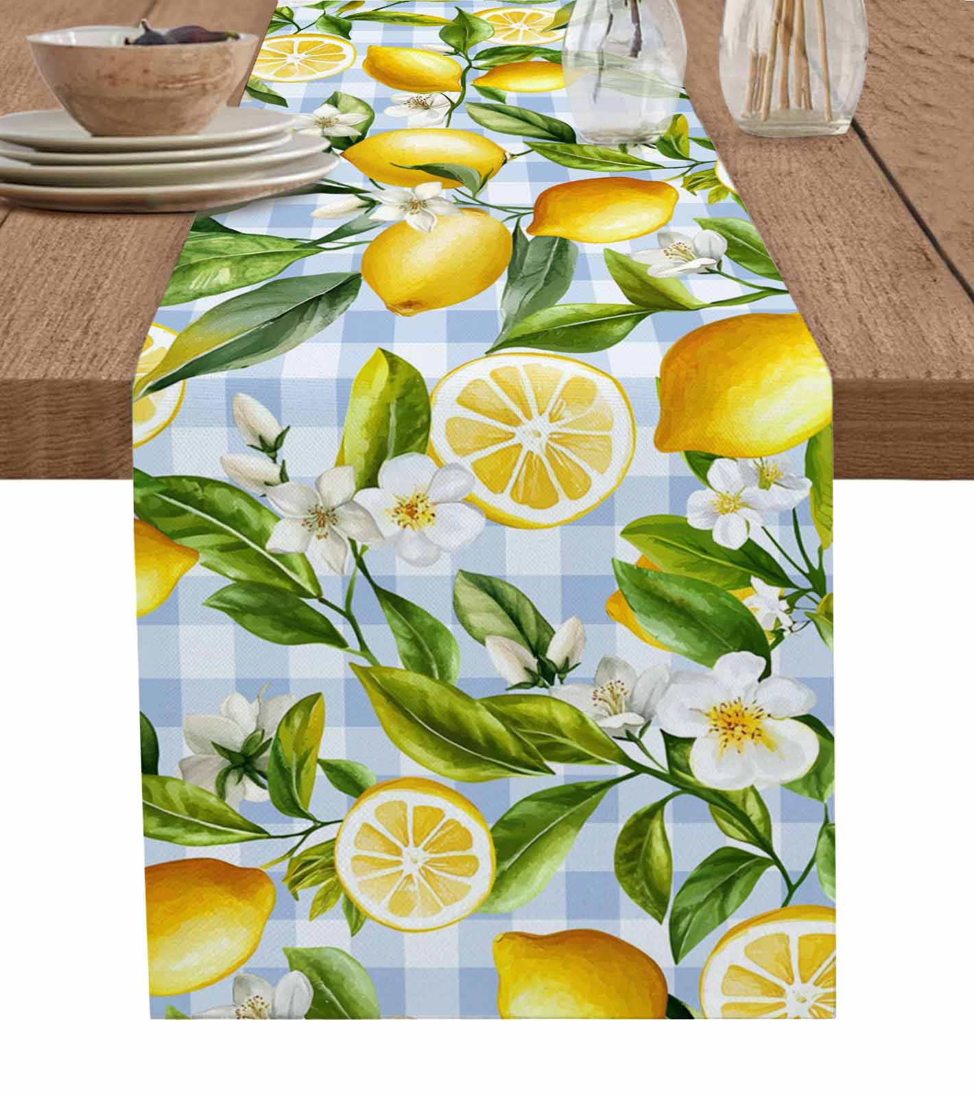 Summer Lemon Table Runner Yellow Green Watercolor Botanical Blue Plaid Tablerunners 13 x 60 Inch ...