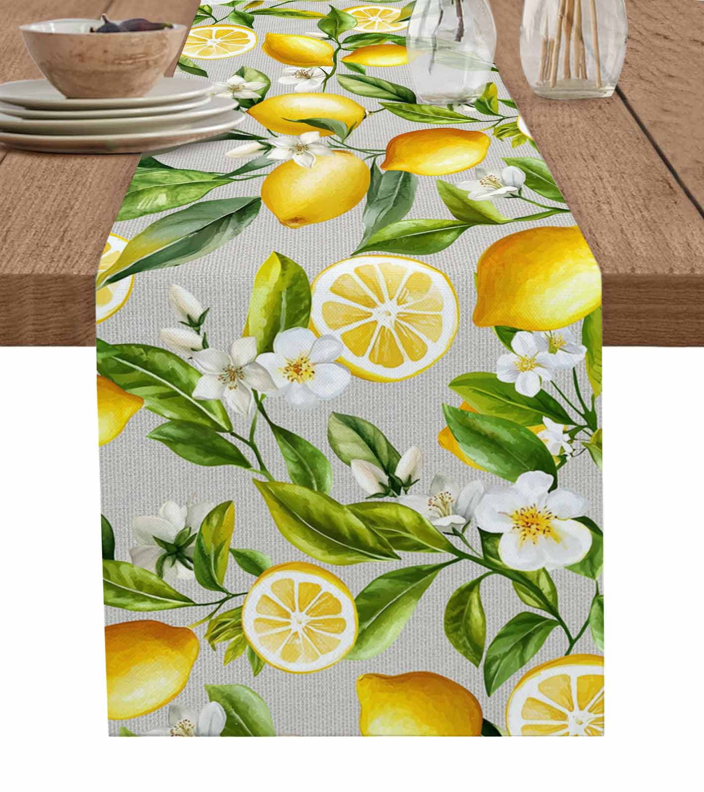 Summer Lemon Table Runner Yellow Green Watercolor Botanical ...