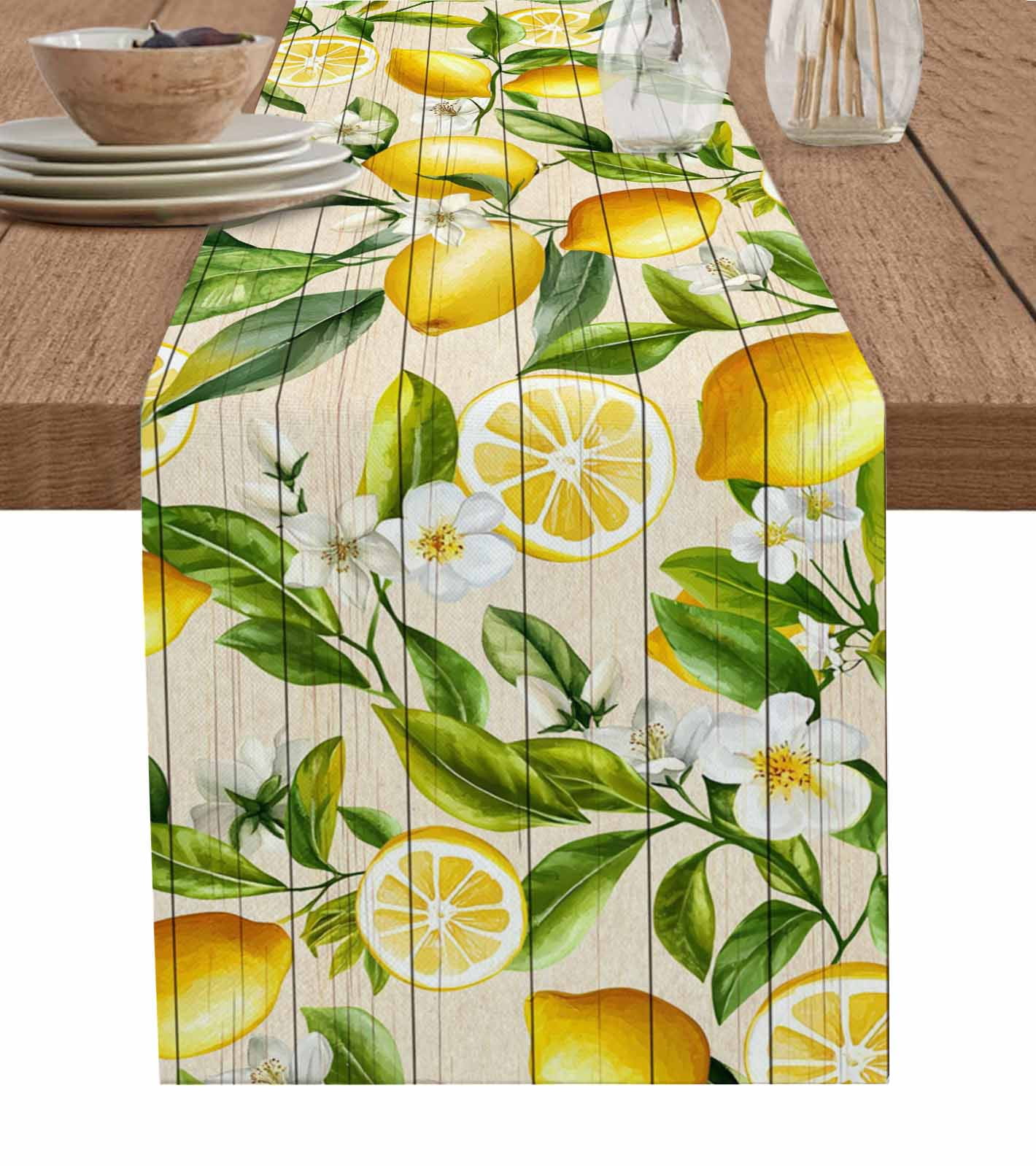 Summer Lemon Table Runner Yellow Green Watercolor Botanical Wooden ...