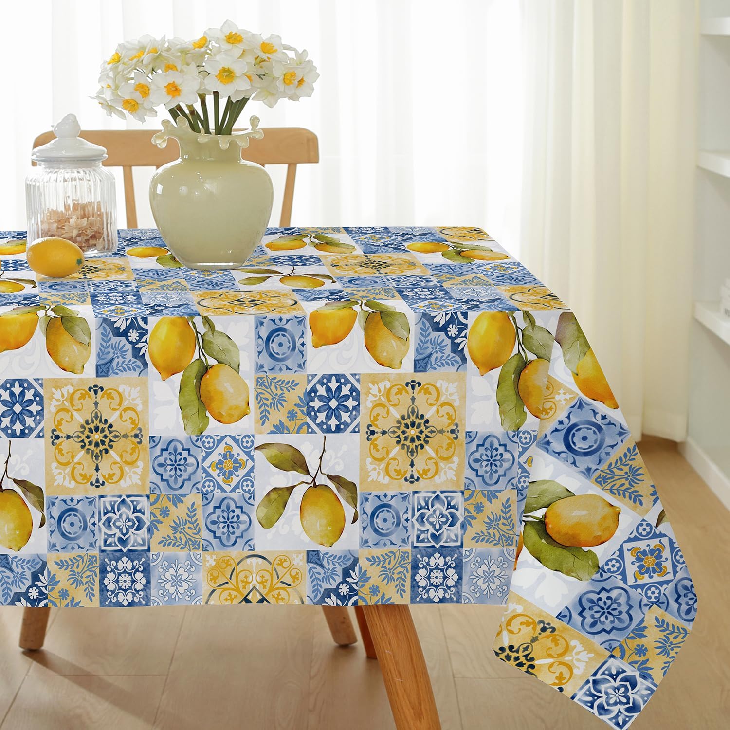Summer Lemon Tablecloth Mediterranean Tile Table Cloth, Washable Water ...
