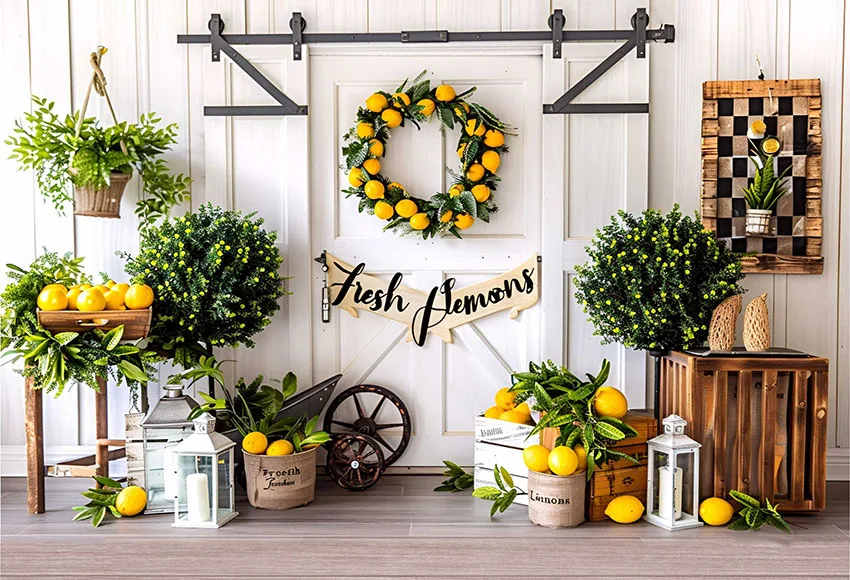 Summer Lemon White Barn Door Kids Birthday Party Cake Smash Portrait r ...