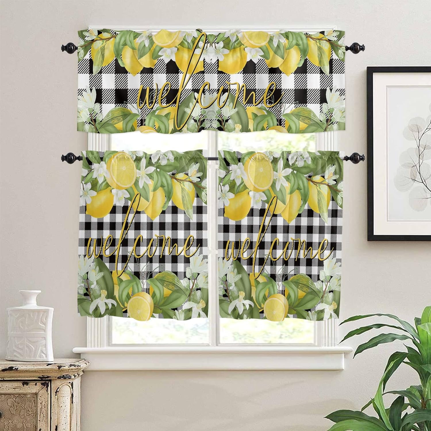 Summer Lemon Window Curtain Set with Tiers and Valance, 3 Pieces Rod ...