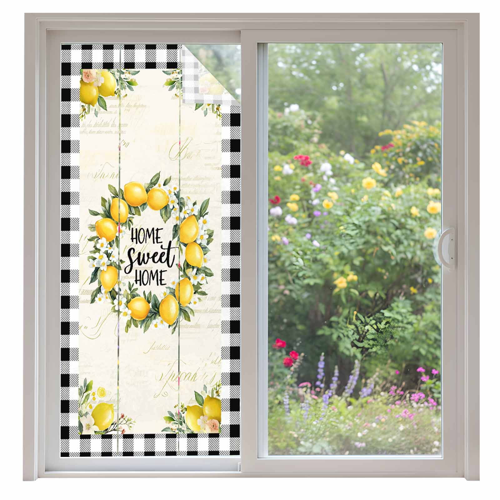 Summer Lemon Window Privacy Film, Yellow Botanical Checkered Farmhouse ...
