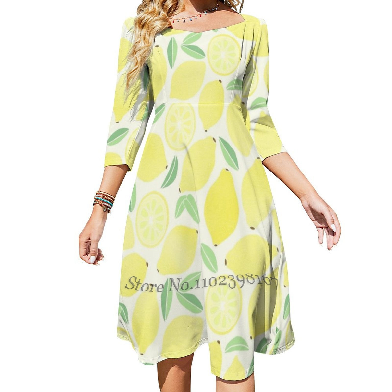 Summer Lemons Square Neck Dress New Plus Size Elegant Women Waist Tight ...