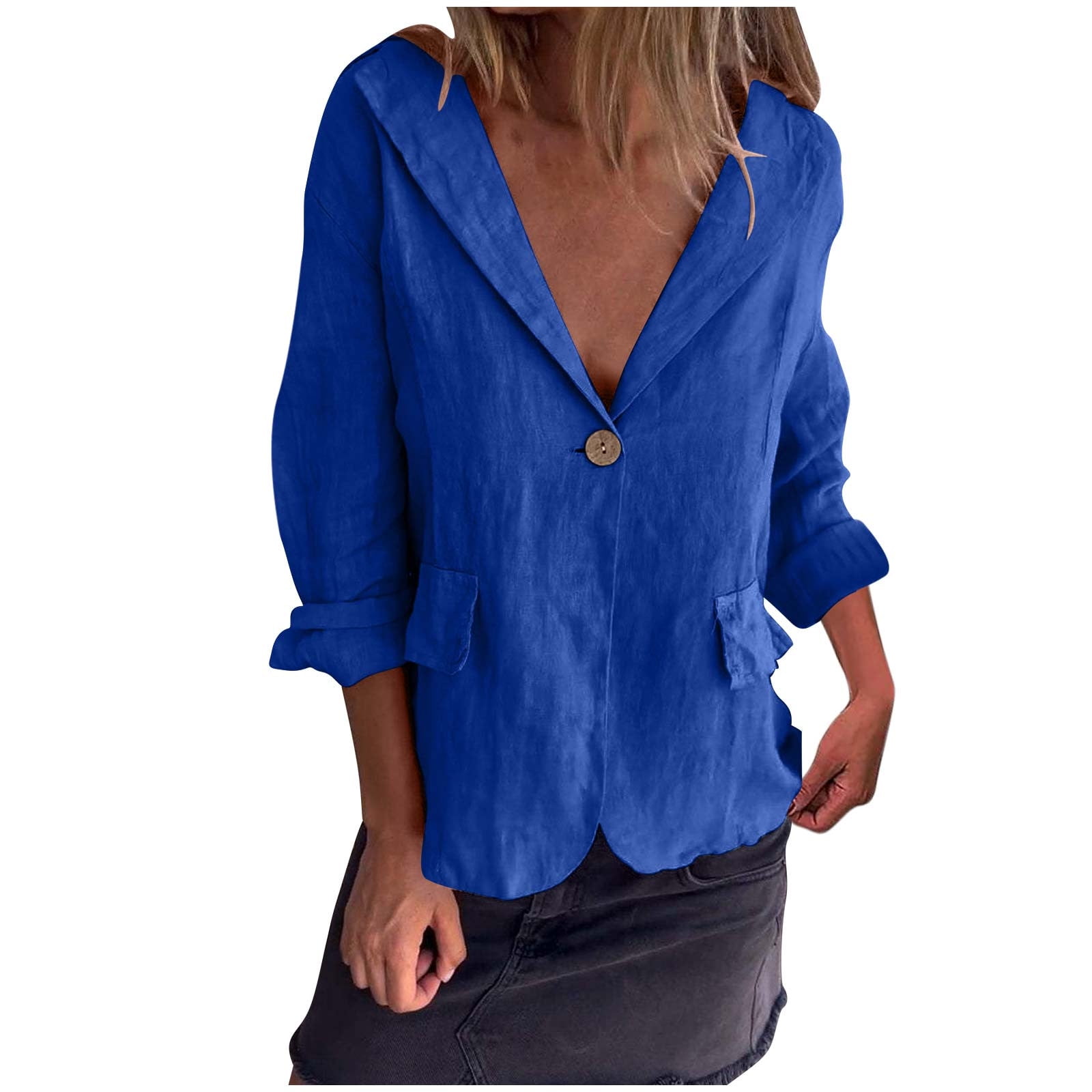 Summer Linen Blazer for Women 3/4 Stretchy Ruched Sleeve Fully Lined ...