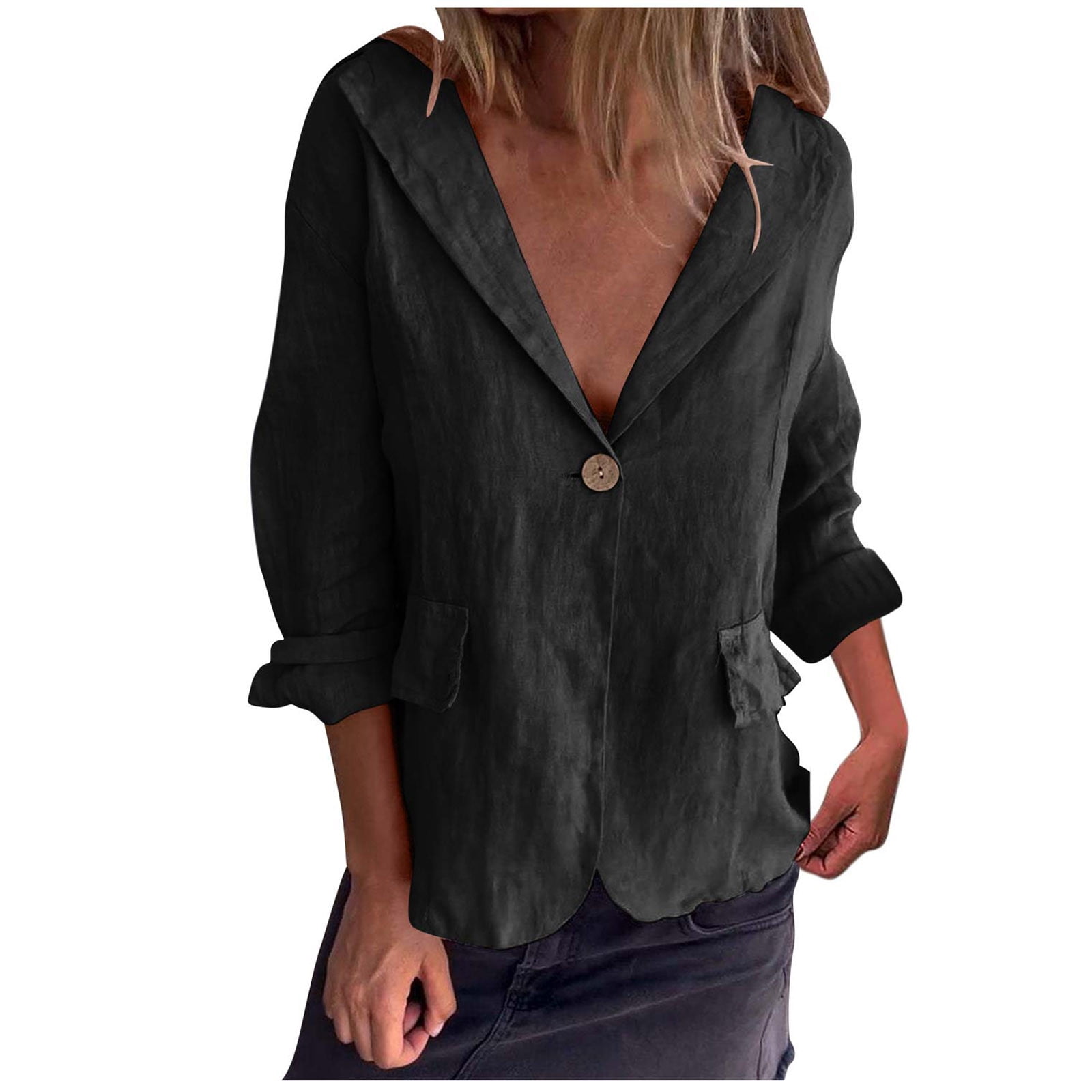 Summer Linen Blazer for Women 3/4 Stretchy Ruched Sleeve Fully Lined ...