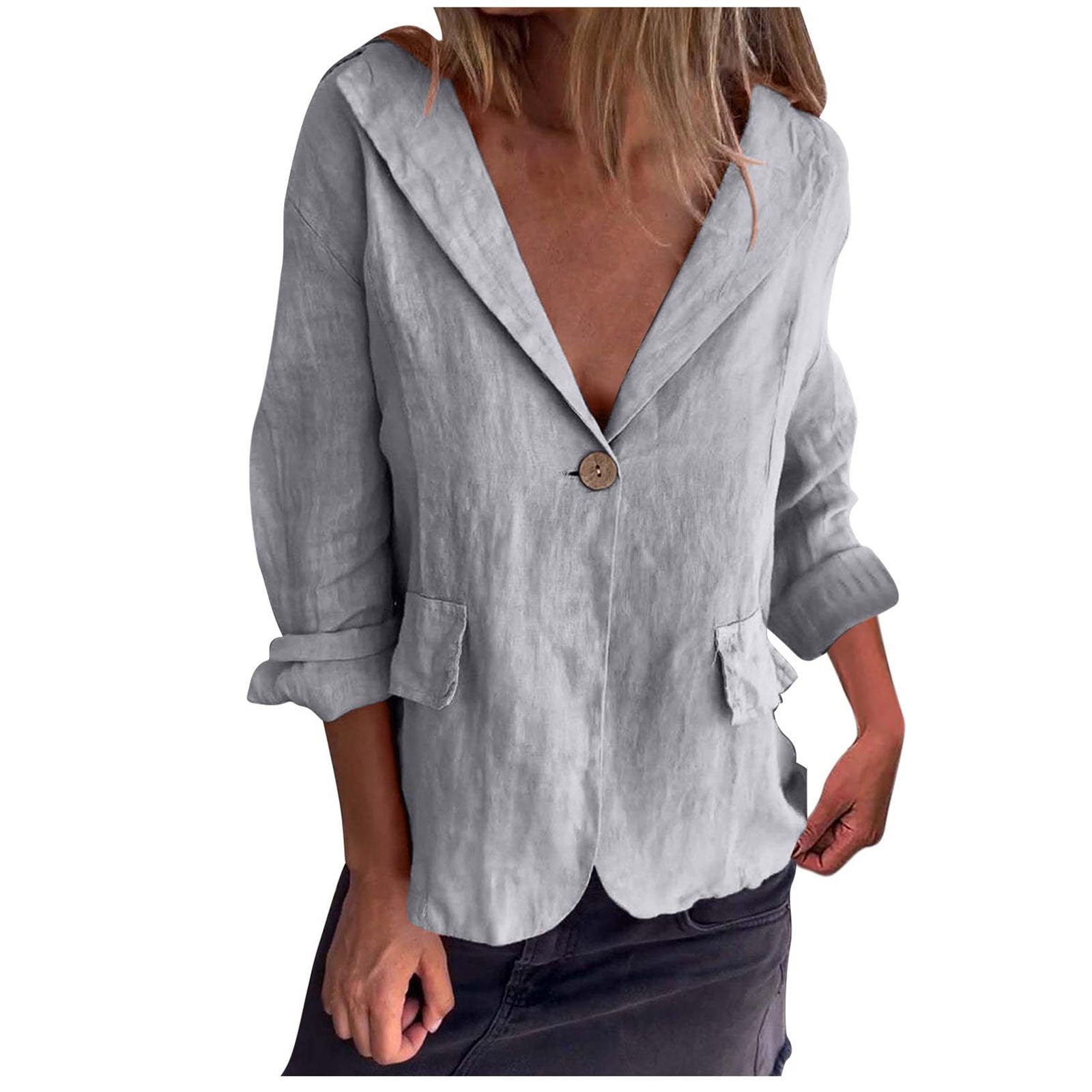 Summer Linen Blazer for Women 3/4 Stretchy Ruched Sleeve Fully Lined ...