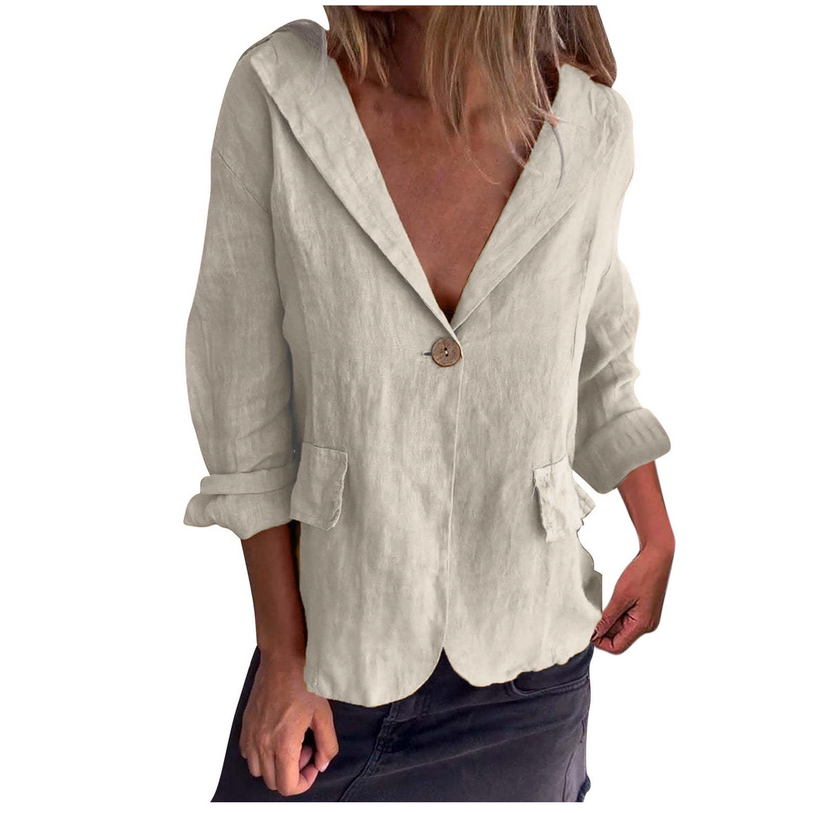 Summer Linen Blazer for Women 3/4 Stretchy Ruched Sleeve Fully Lined ...