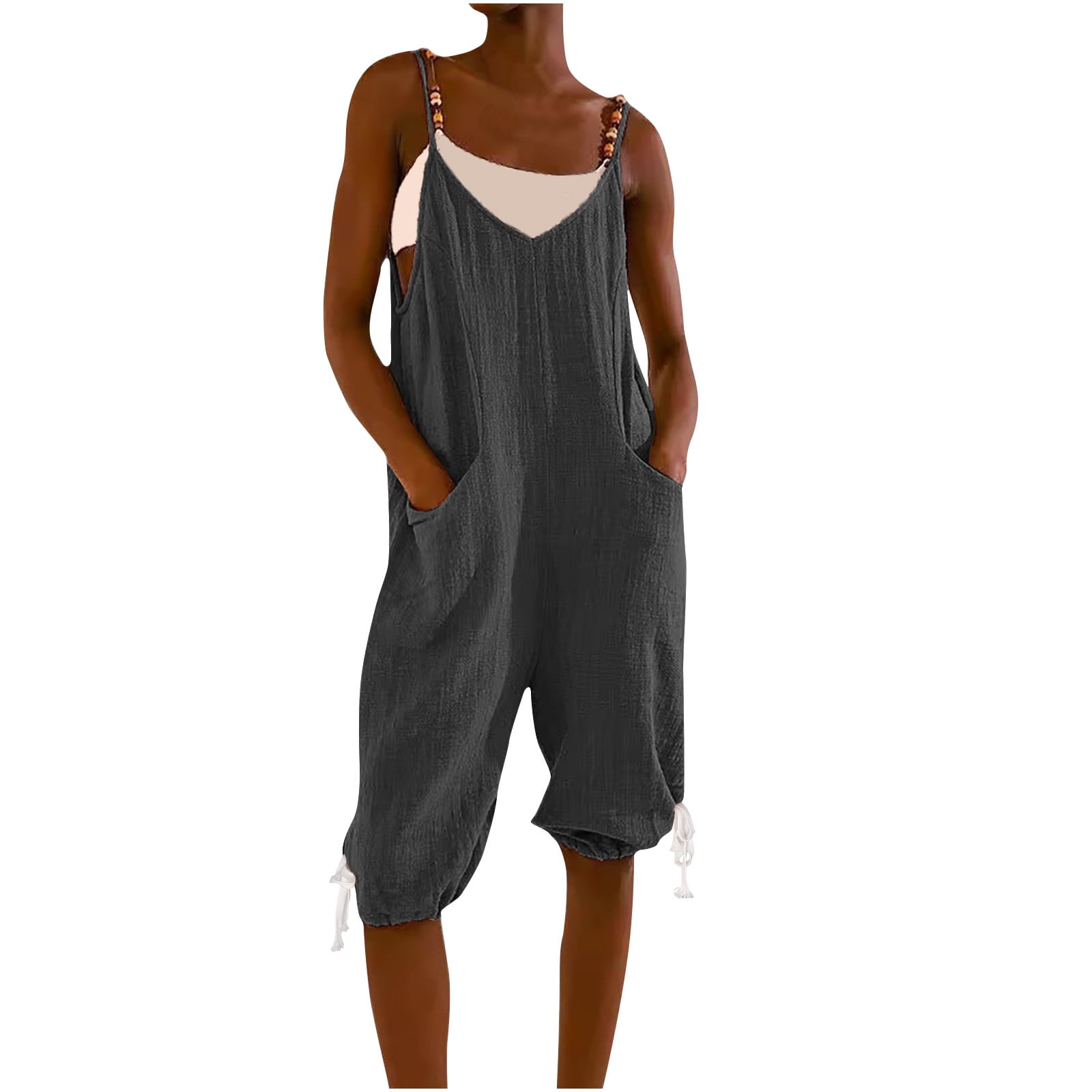 Summer Linen Jumpsuits Loose Capri Pants Womens Pocketed Spaghetti