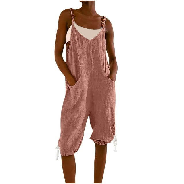 Summer Linen Jumpsuits Loose Capri Pants For Women With Pockets