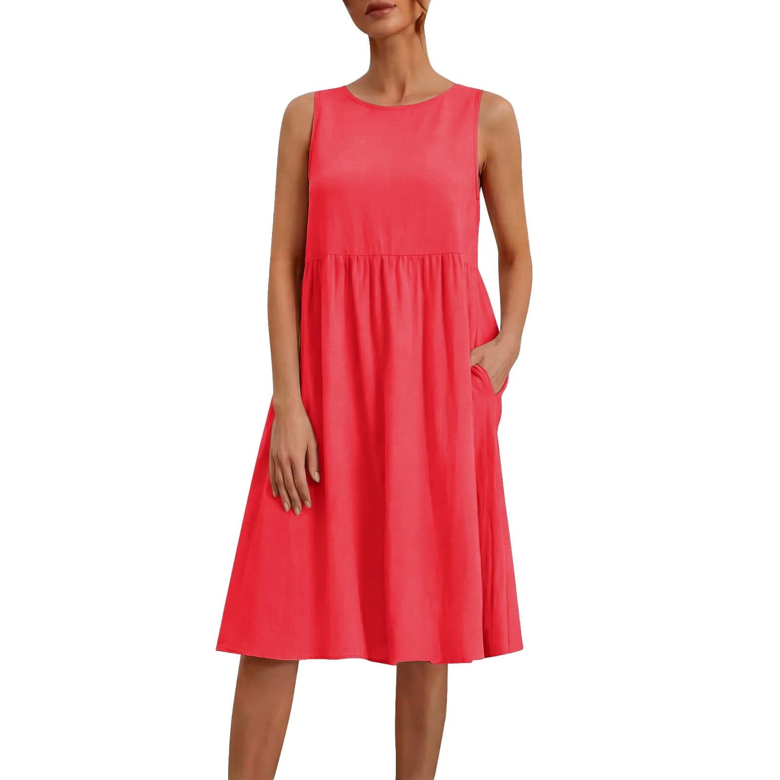 Summer Linen Knee Length Dress for Women A Line Sleeveless Loose ...