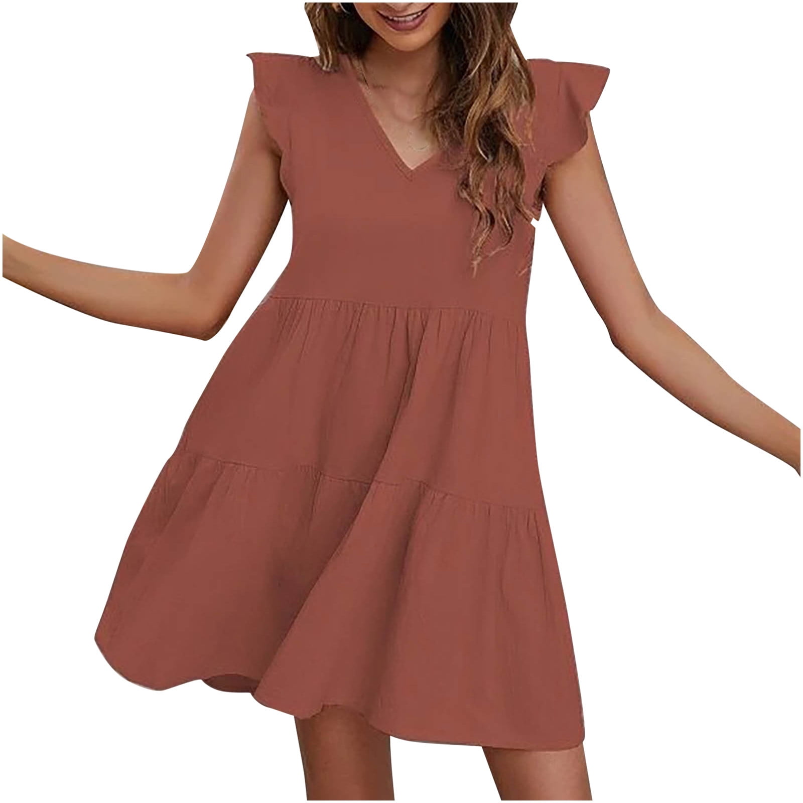 Summer Linen Mini Dress for Women Ruffle Sleeve V-Neck Bohemian Short ...