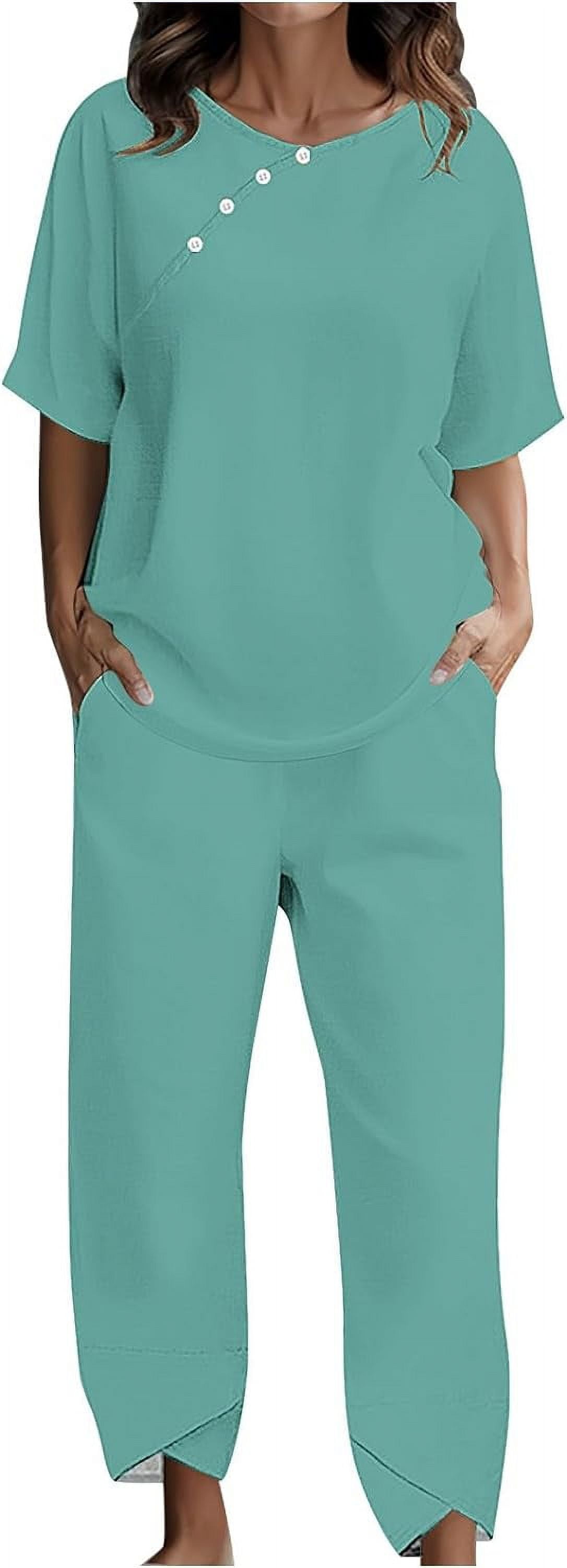 Summer Linen Outfits for Women Short Sleeve Button Tops and Wide Leg ...