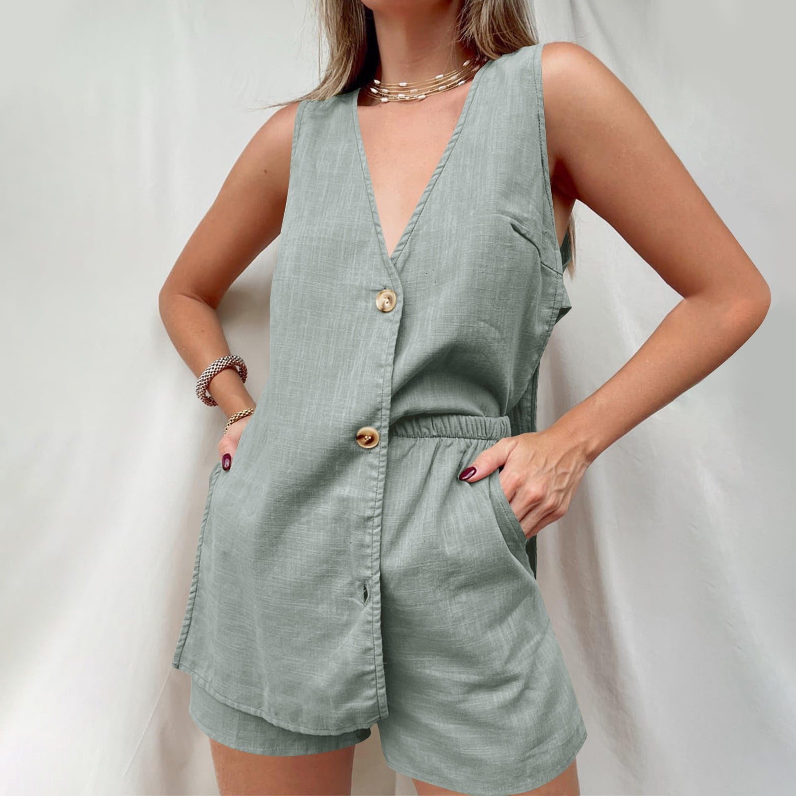 Summer Linen Sets for Women 2 Piece Sleeveless Side Split Button Up ...