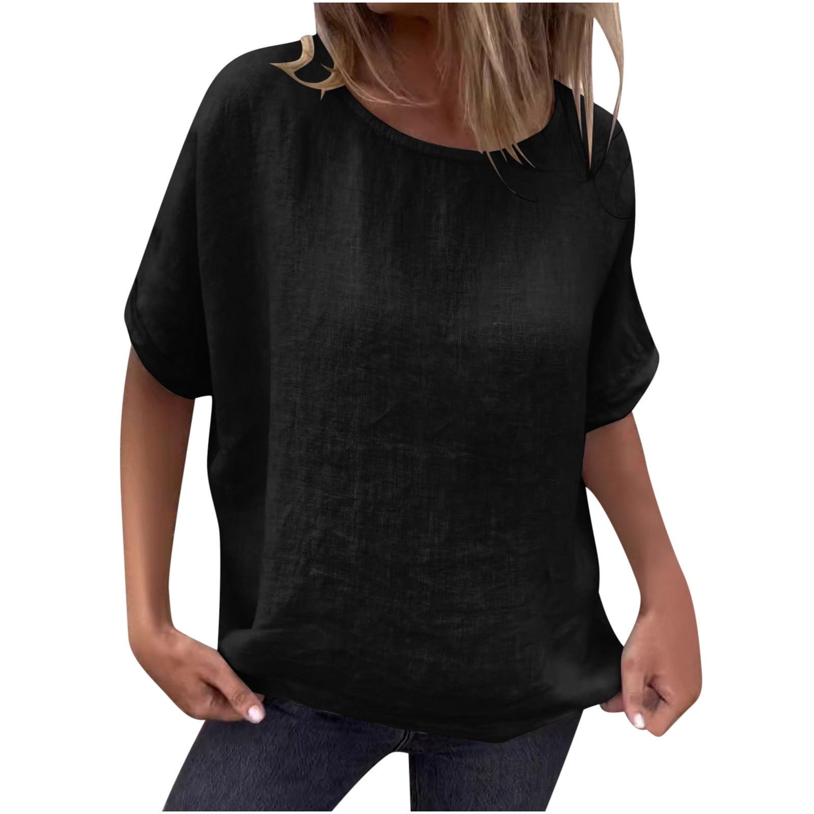 Summer Linen Shirts for Women Plus Size Top Casual Loose Crew Neck Basic Top Womens Clothing ...