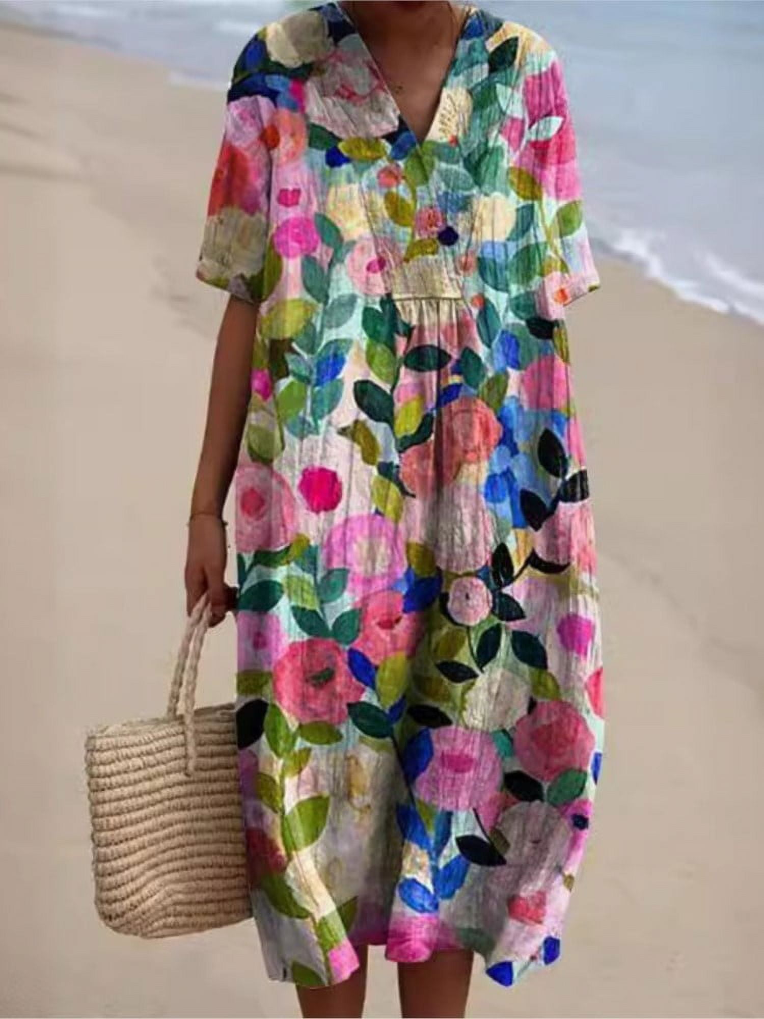 Summer Loose Print Women Dress New Fashion V Neck Short Sleeve Beach ...