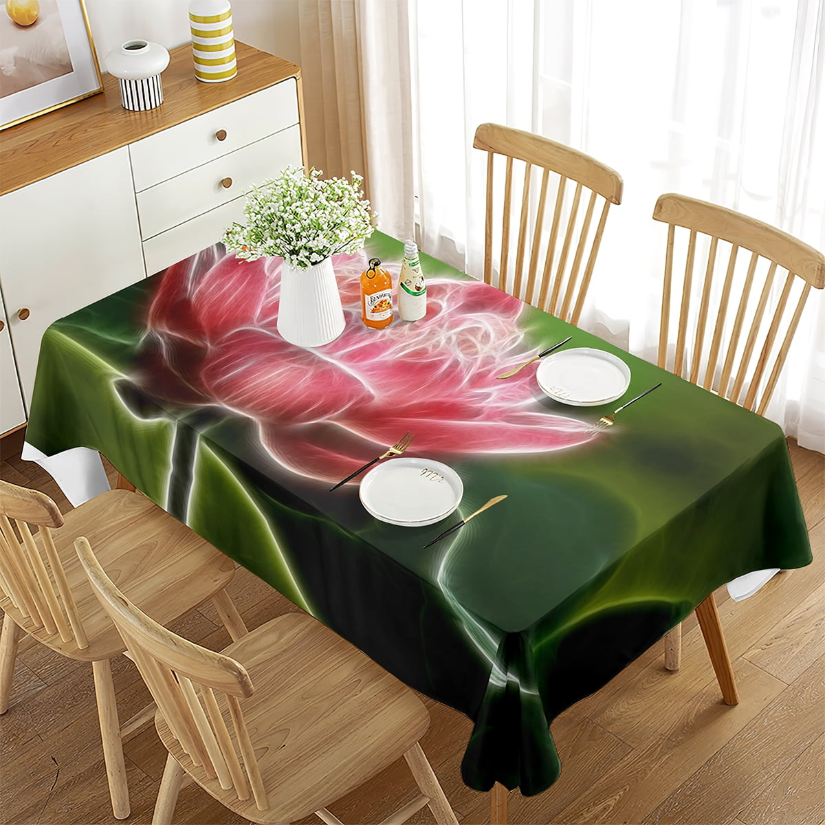Summer Lotus Theme Tablecloth Natural Landscape Flowers r Rectangular ...