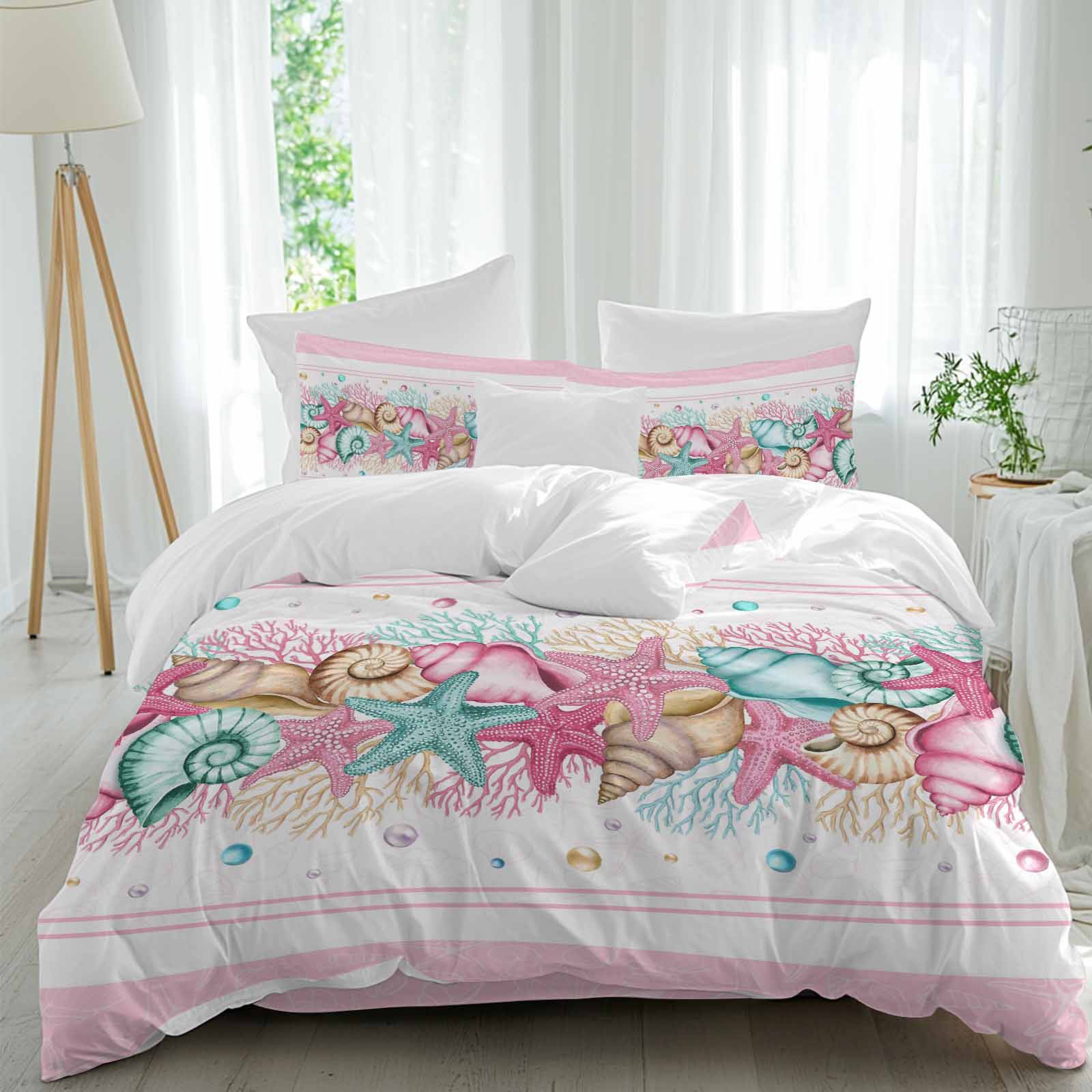 Summer Marine Duvet Cover Set King Size, Life Beach Starfish Shell ...